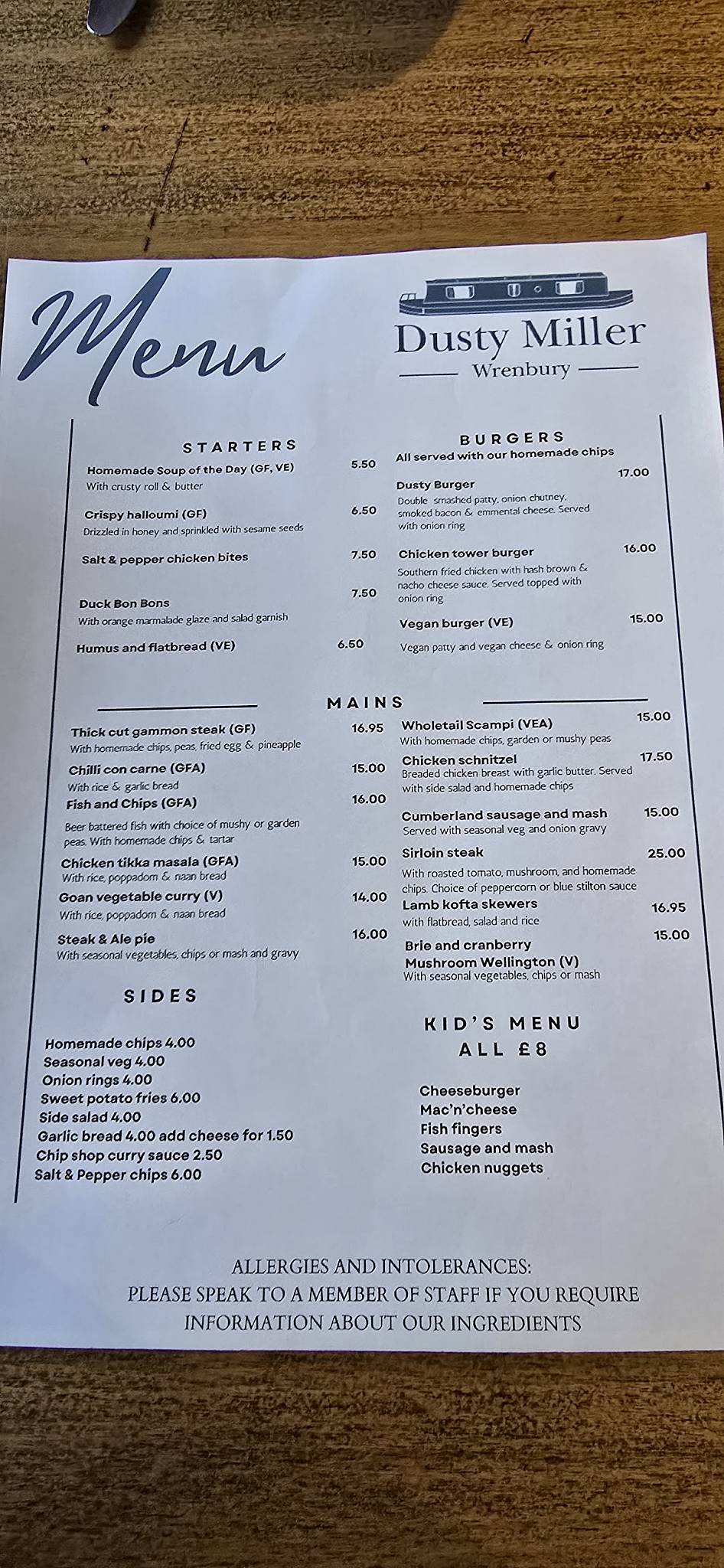 Menu at Dusty Miller pub & bar, Wrenbury, Cholmondeley Rd