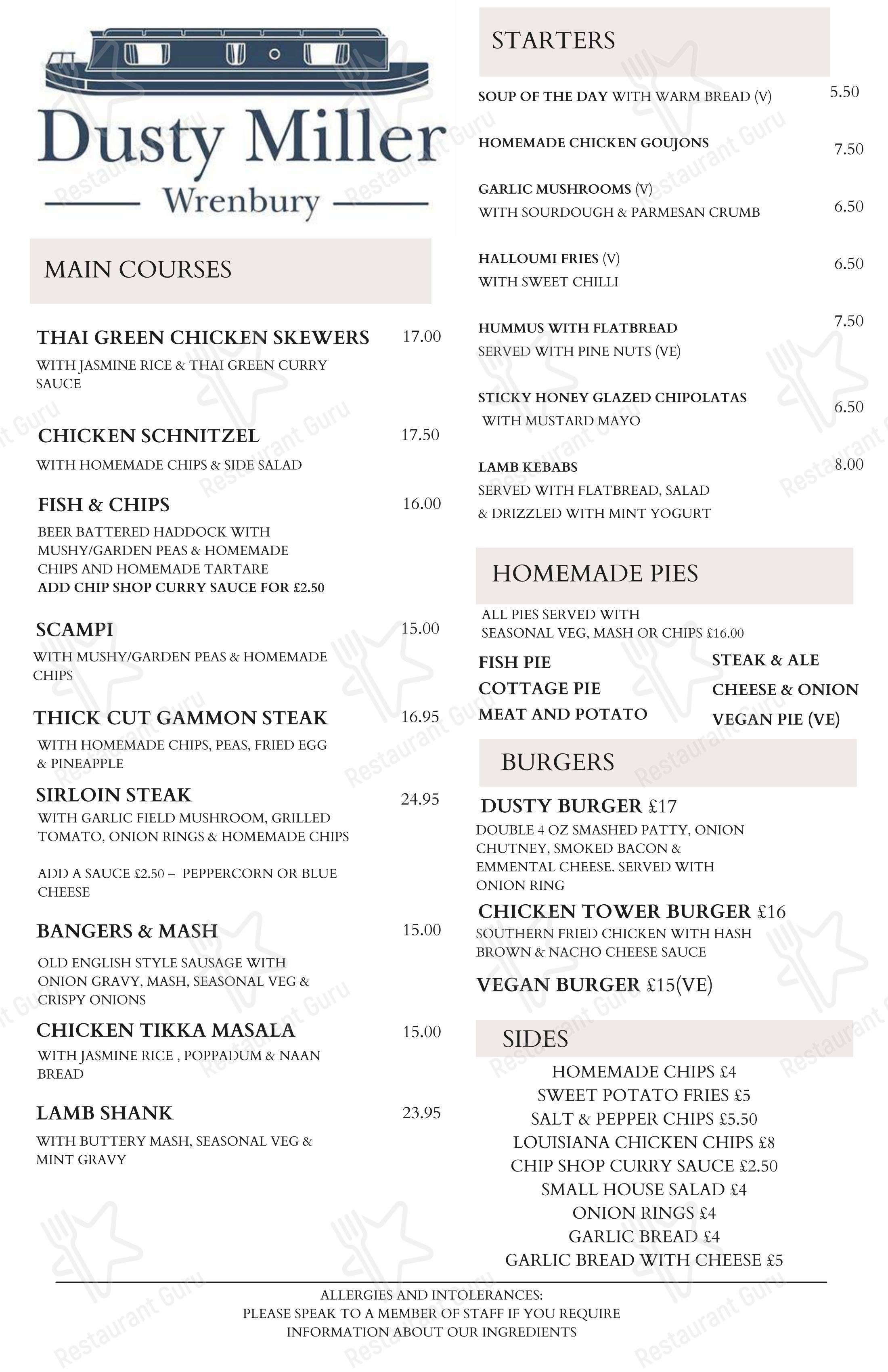 Menu at Dusty Miller pub & bar, Wrenbury, Cholmondeley Rd
