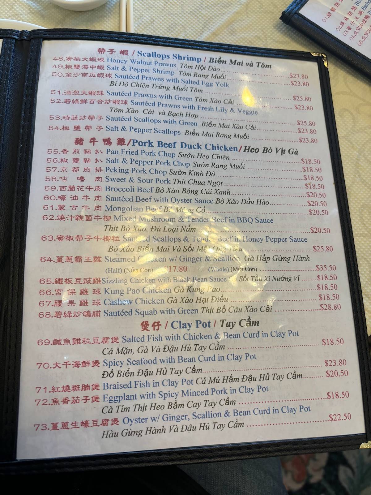 Menu at Dynasty Chinese Cuisine restaurant, San Jose