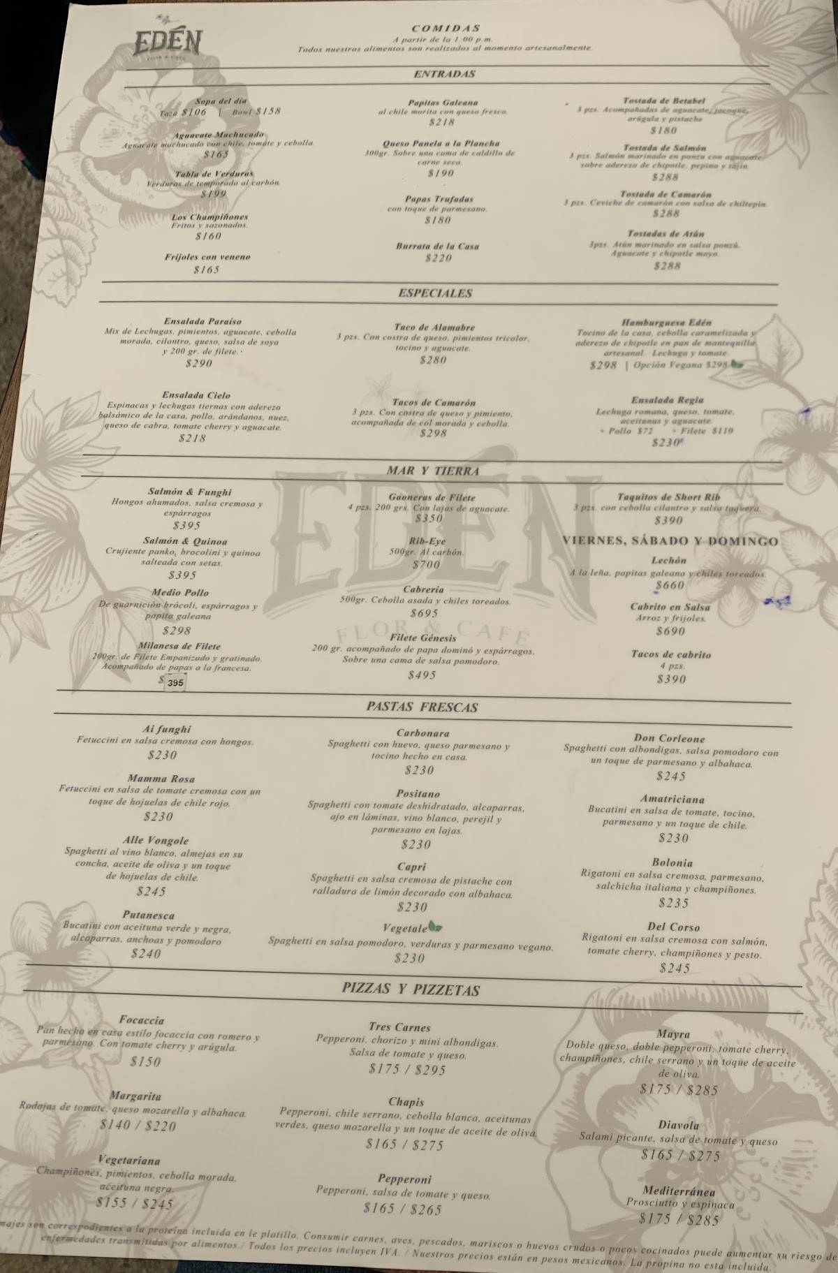 Carta de EDÉN FLOR Y CAFÉ, Monterrey