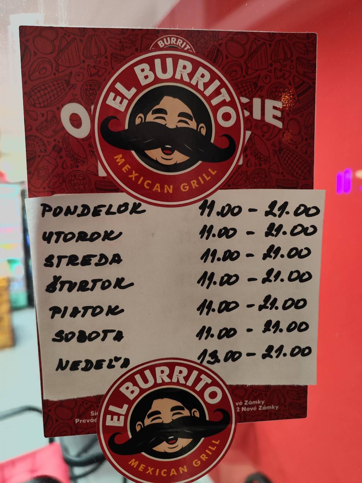 Menu au EL BURRITO restaurant, Nové Zámky