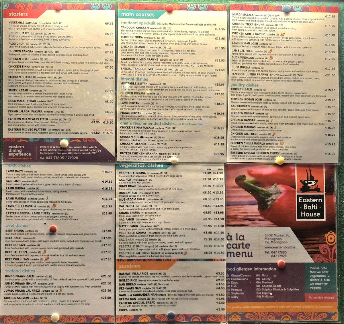 Menu at Eastern Balti restaurant, Monaghan