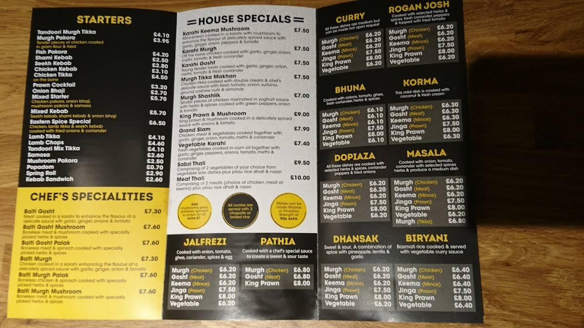 Menu at Eastern Spice restaurant, Cleckheaton