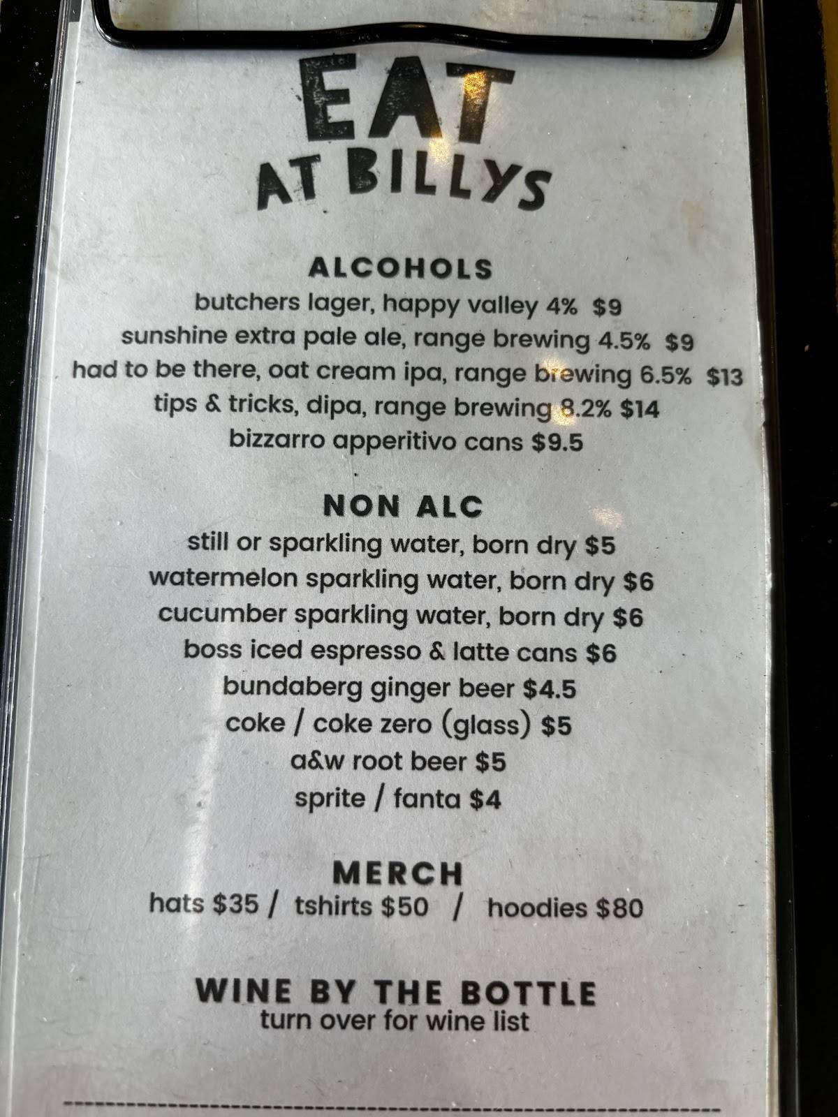 Menu at Eat at Billys cafe, Paddington