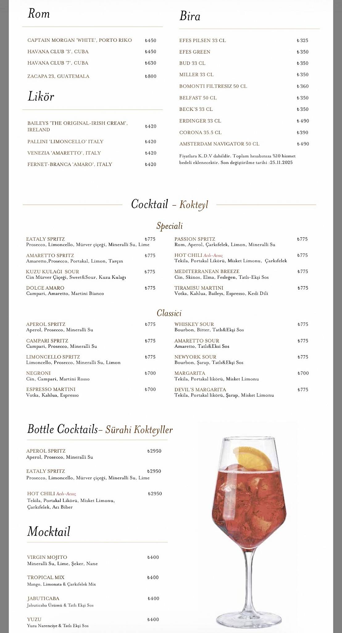Menu au Eataly restaurant, Istanbul, Koru Sok. No:2