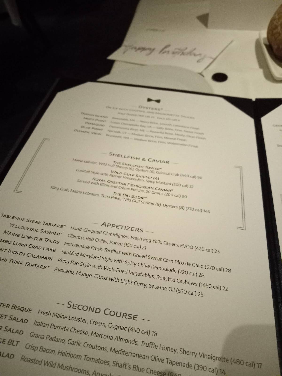 Menu at Eddie V's Prime Seafood steakhouse, Boca Raton