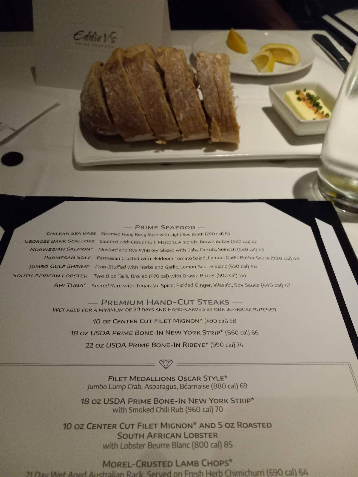 Menu at Eddie V's Prime Seafood steakhouse, Boca Raton