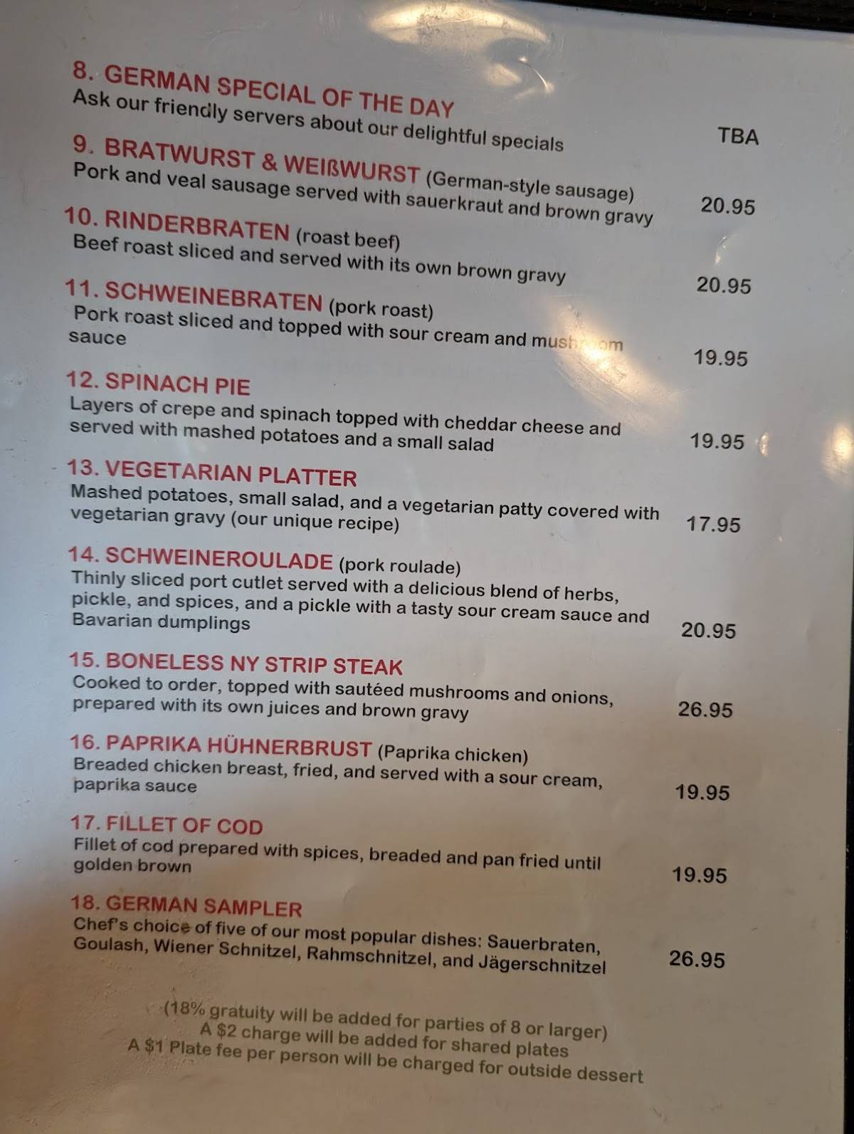 Menu at Edelweiss Restaurant, Greenville