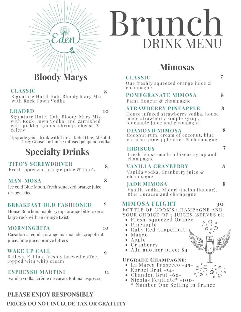 Menu at Eden restaurant, Hot Springs