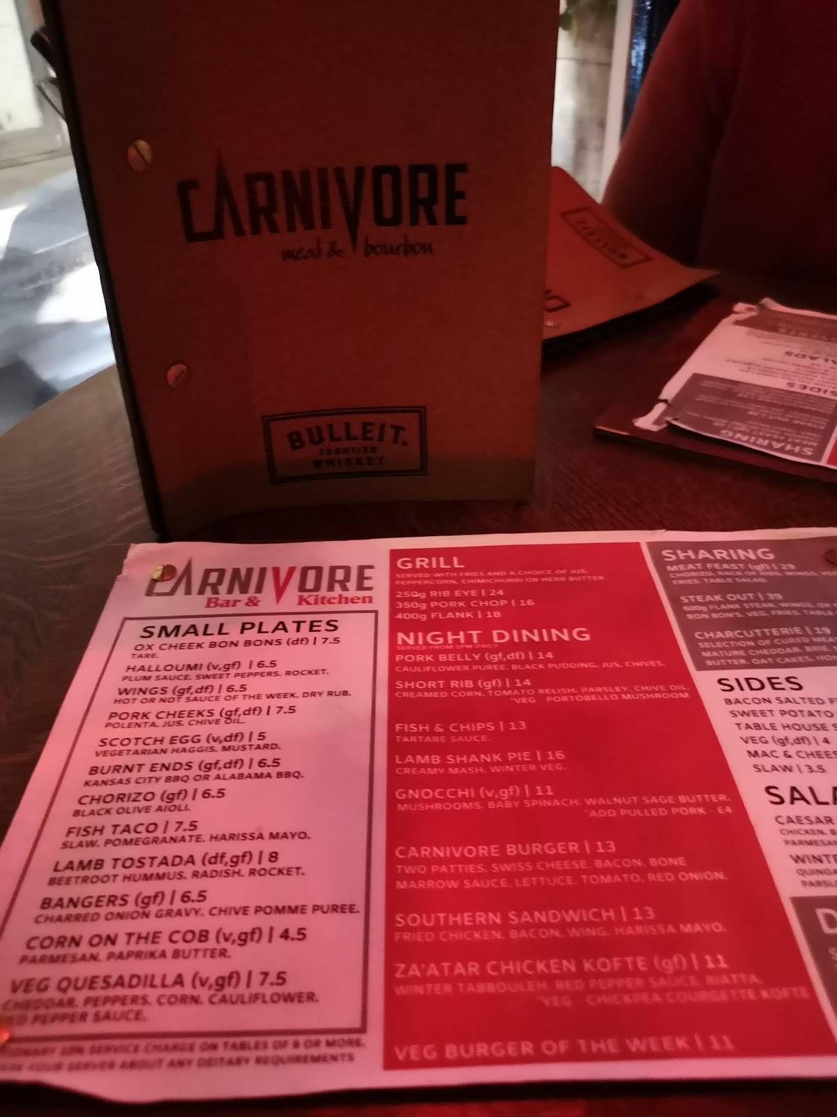 Menu at Carnivore restaurant, Edinburgh