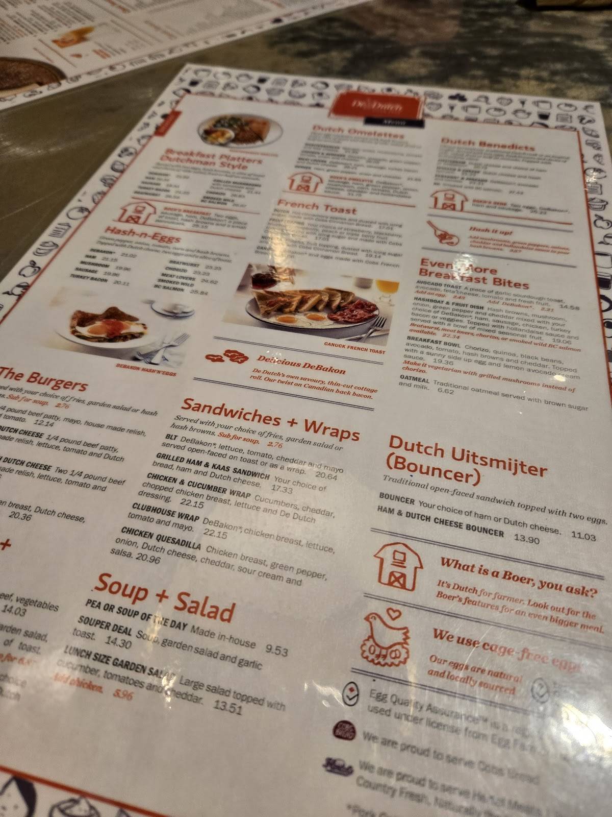 Menu at De Dutch restaurant, Edmonton