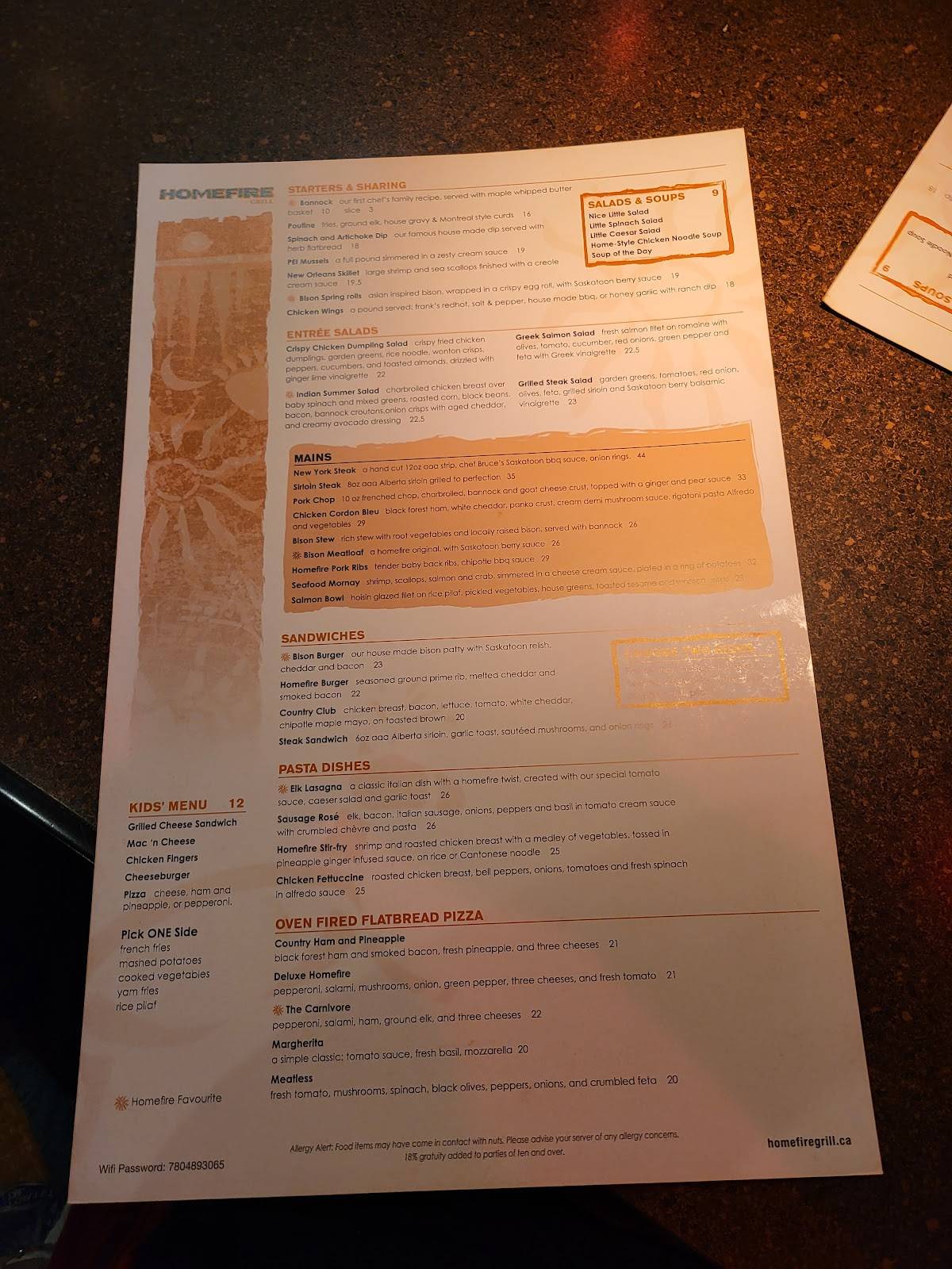 Menu at Homefire Grill pizzeria, Edmonton