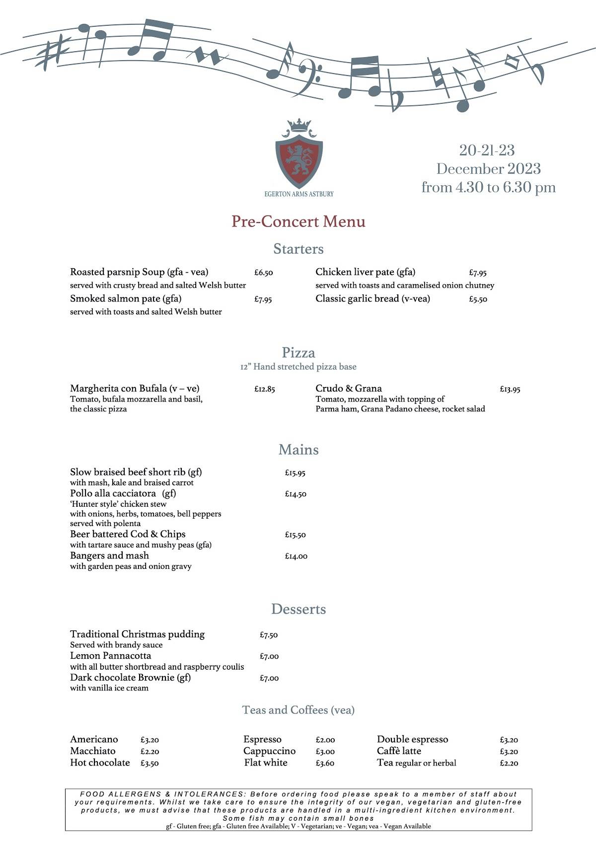 Menu at Egerton Arms Astbury restaurant, Congleton, Peel Ln