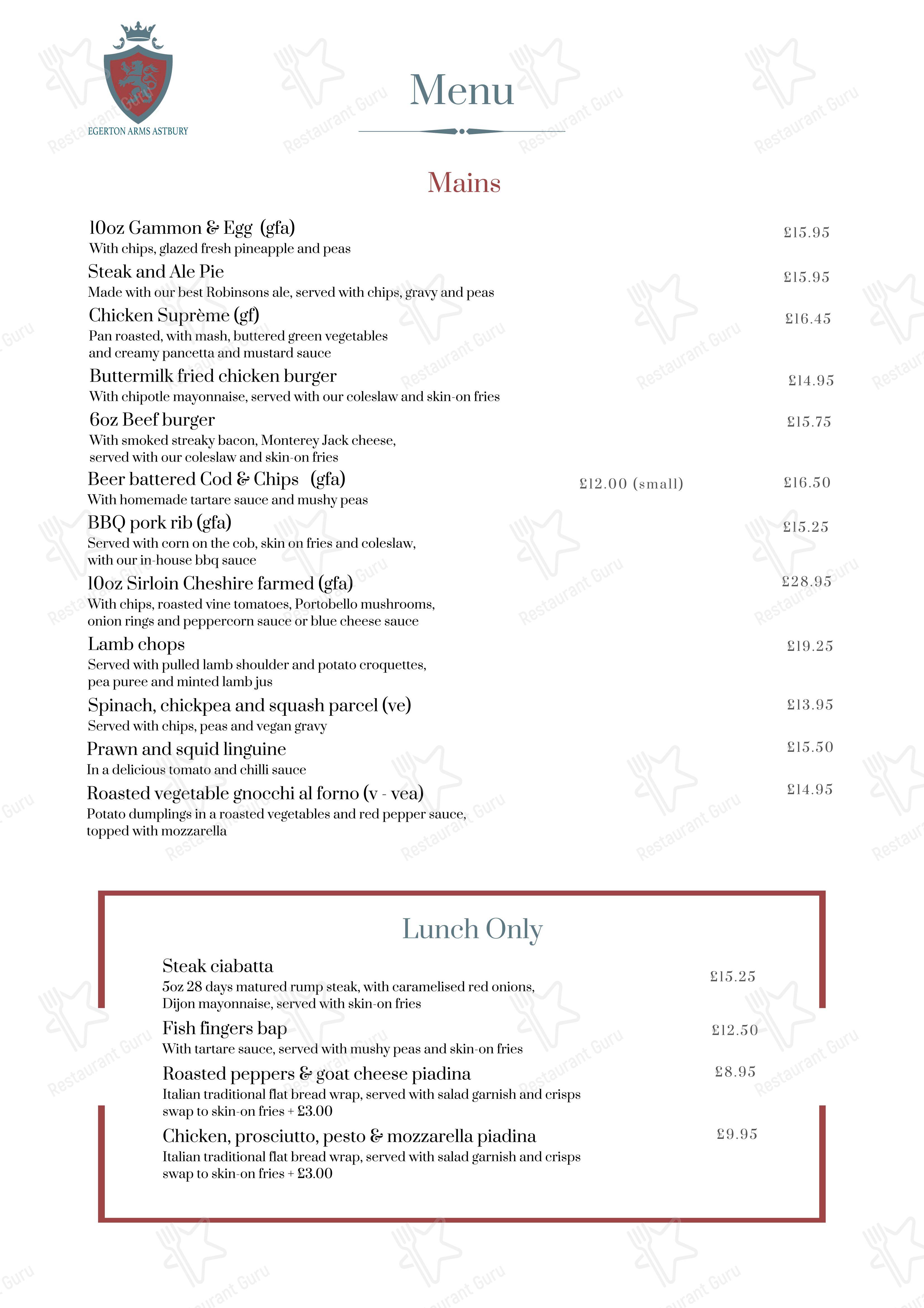 Menu at Egerton Arms Astbury restaurant, Congleton, Peel Ln