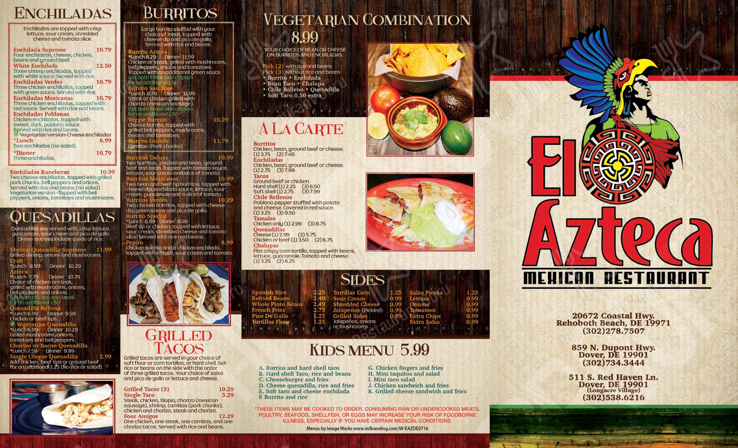 Menu at El Azteca restaurant, Dover, 859 N Dupont Hwy