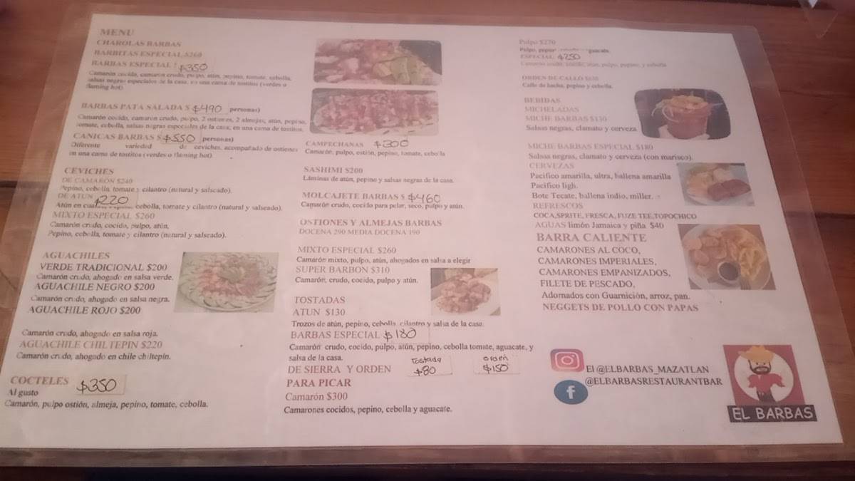Carta de El Barbas Mariscos y Snacks, Mazatlán
