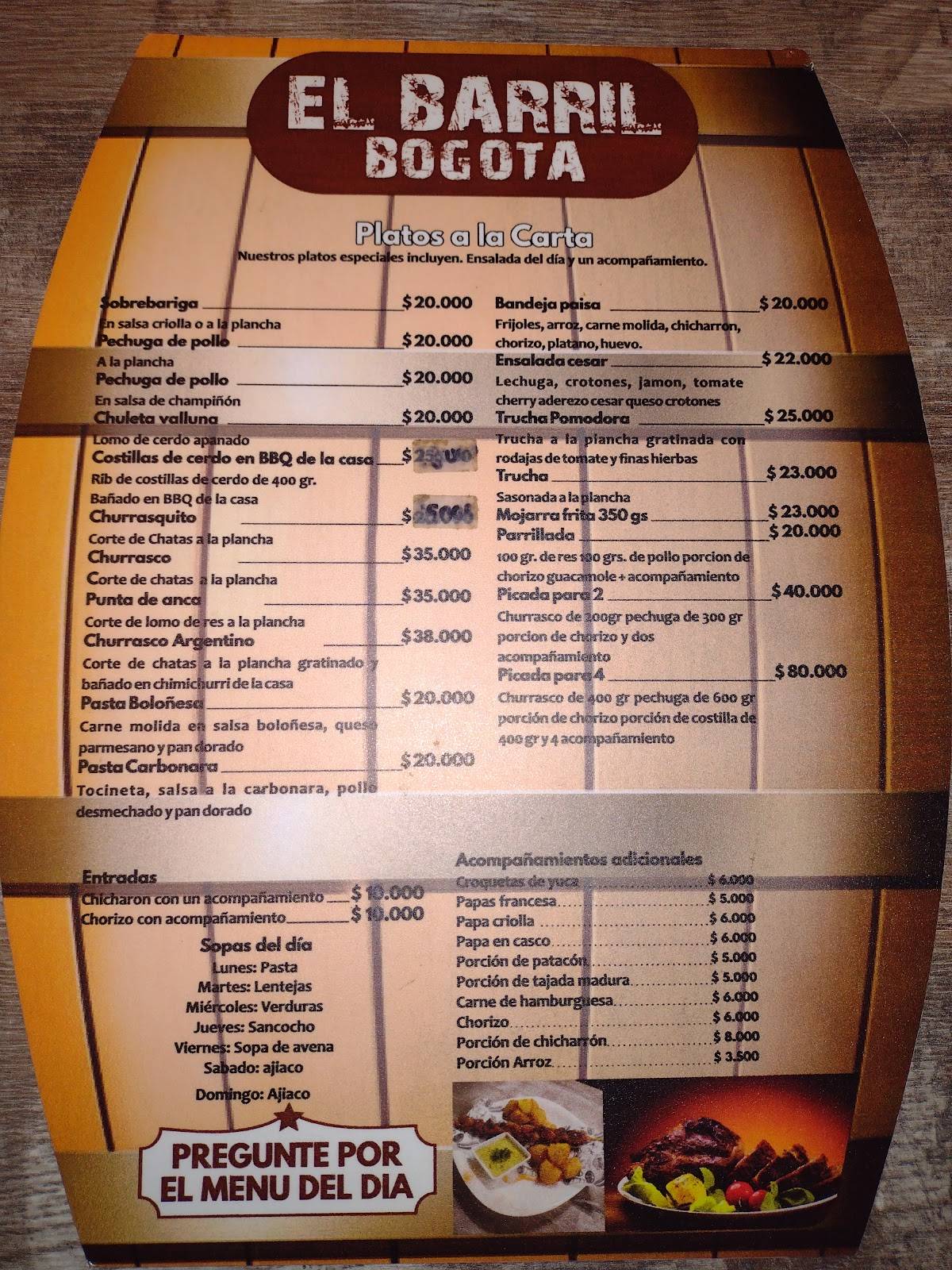 Menu at El Barril, Bogotá, Cl. 123a #47-11