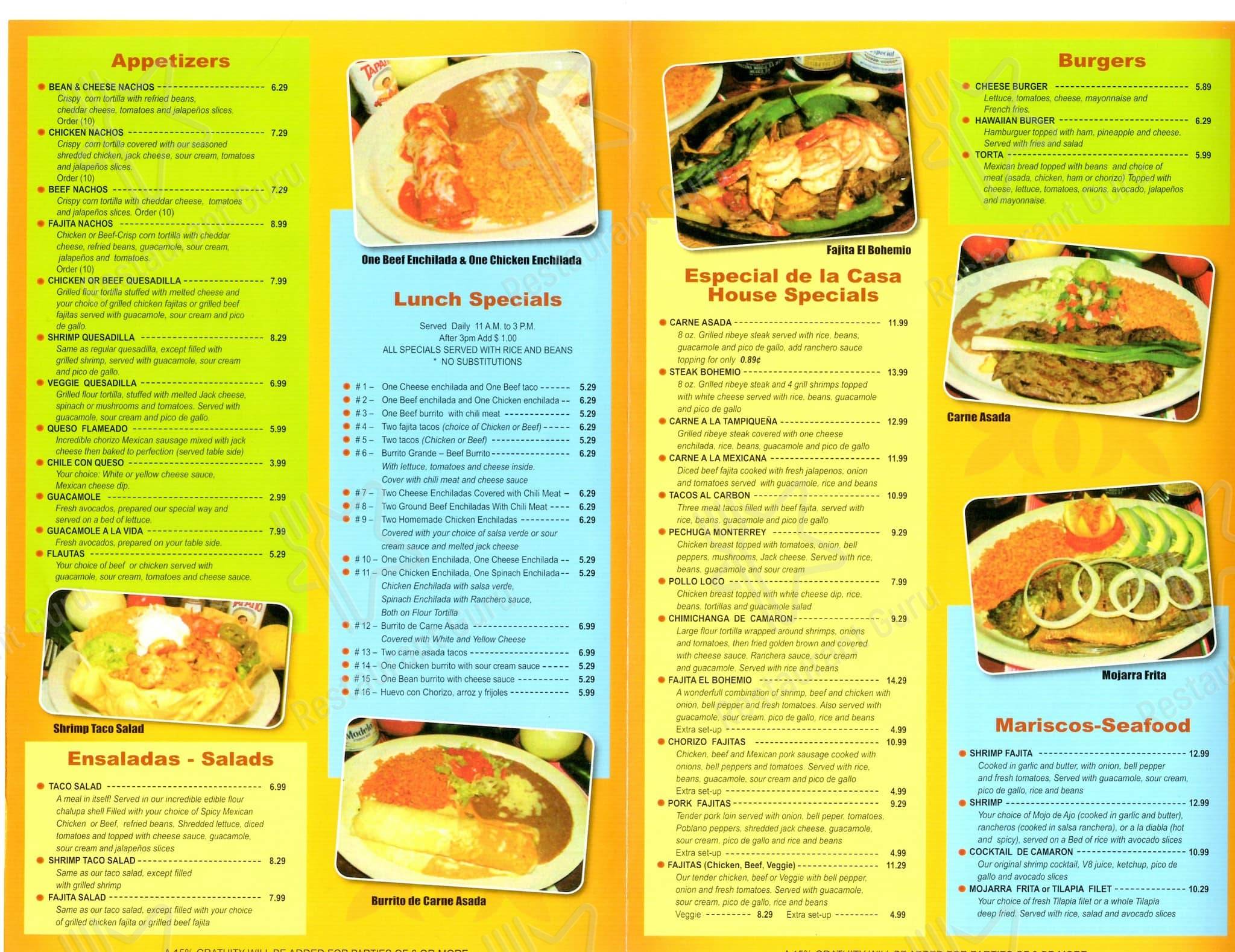 Menu at El Bohemio Mexican Restaurant, Gravette, 308 1st Ave SE