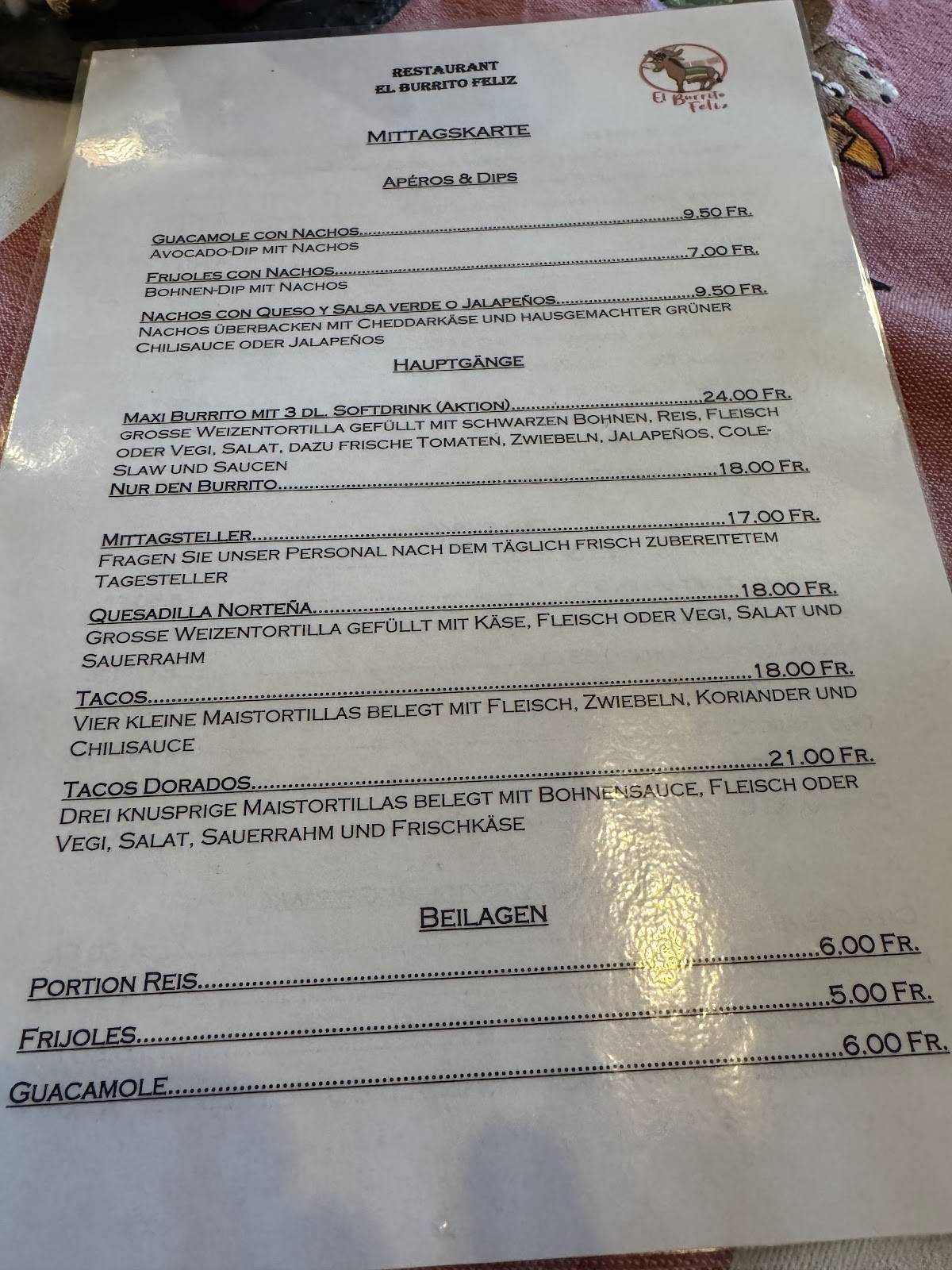 Carta de El Burrito Feliz, Winterthur