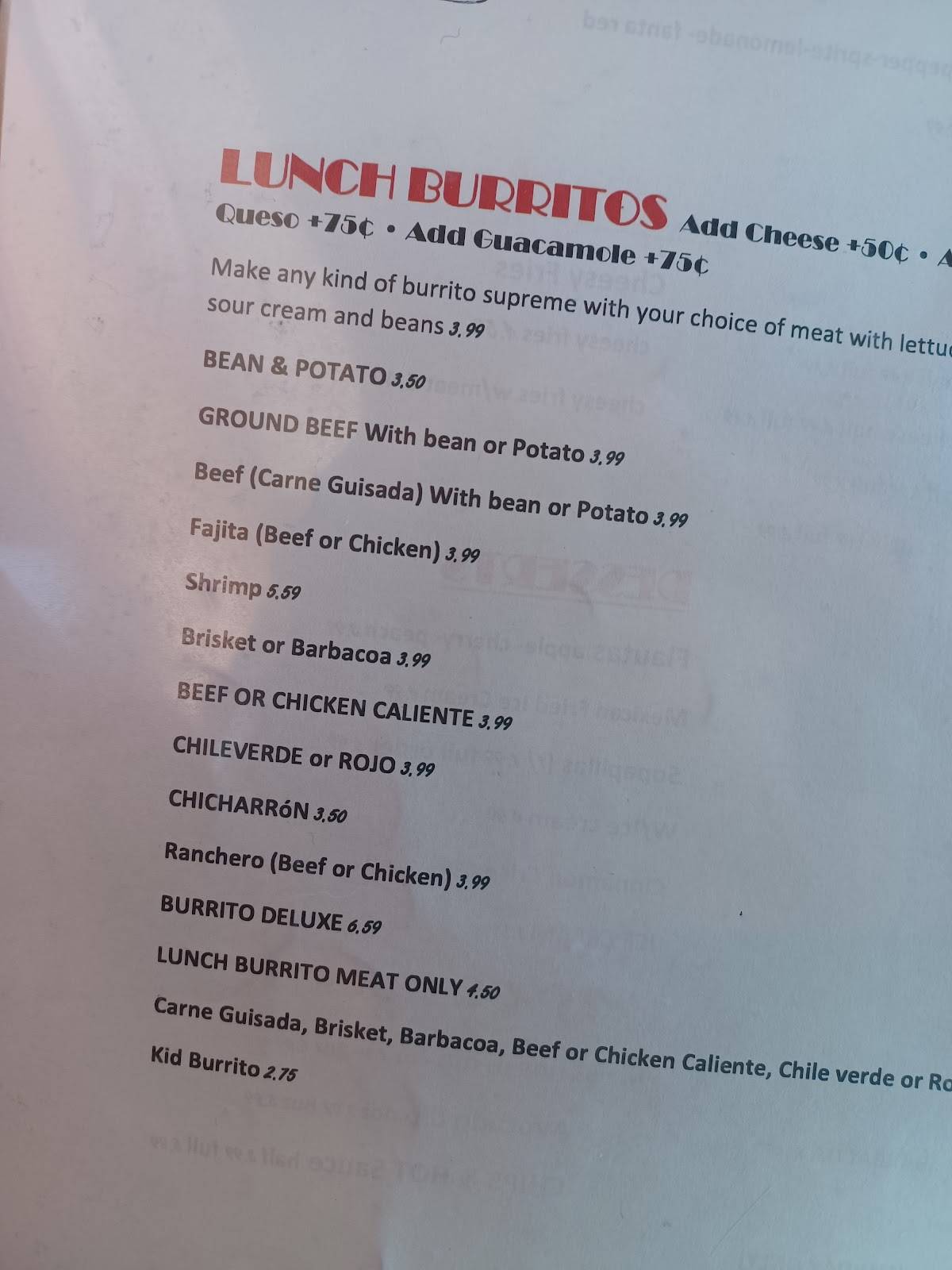 Menu at El Burrito restaurant, Tulia
