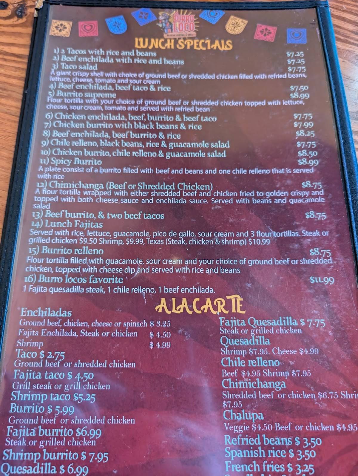 Menu at El Burro Loco Mexican Cantina restaurant, Cleveland