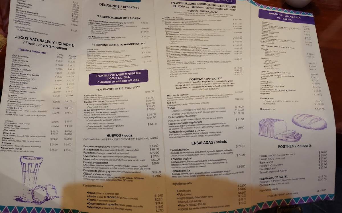Menu at El Cafecito, Puerto Escondido, Boulevard Benito Juárez 1