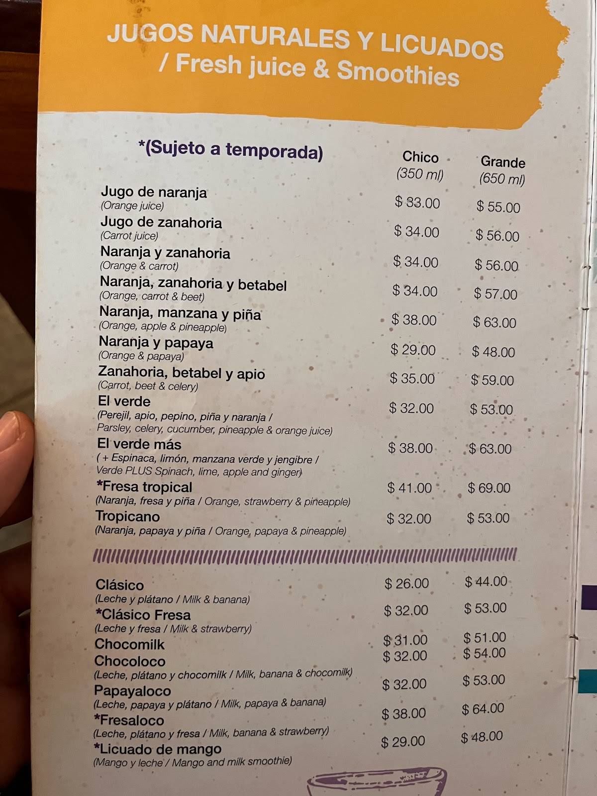 Menu at El Cafecito, Puerto Escondido, Boulevard Benito Juárez 1