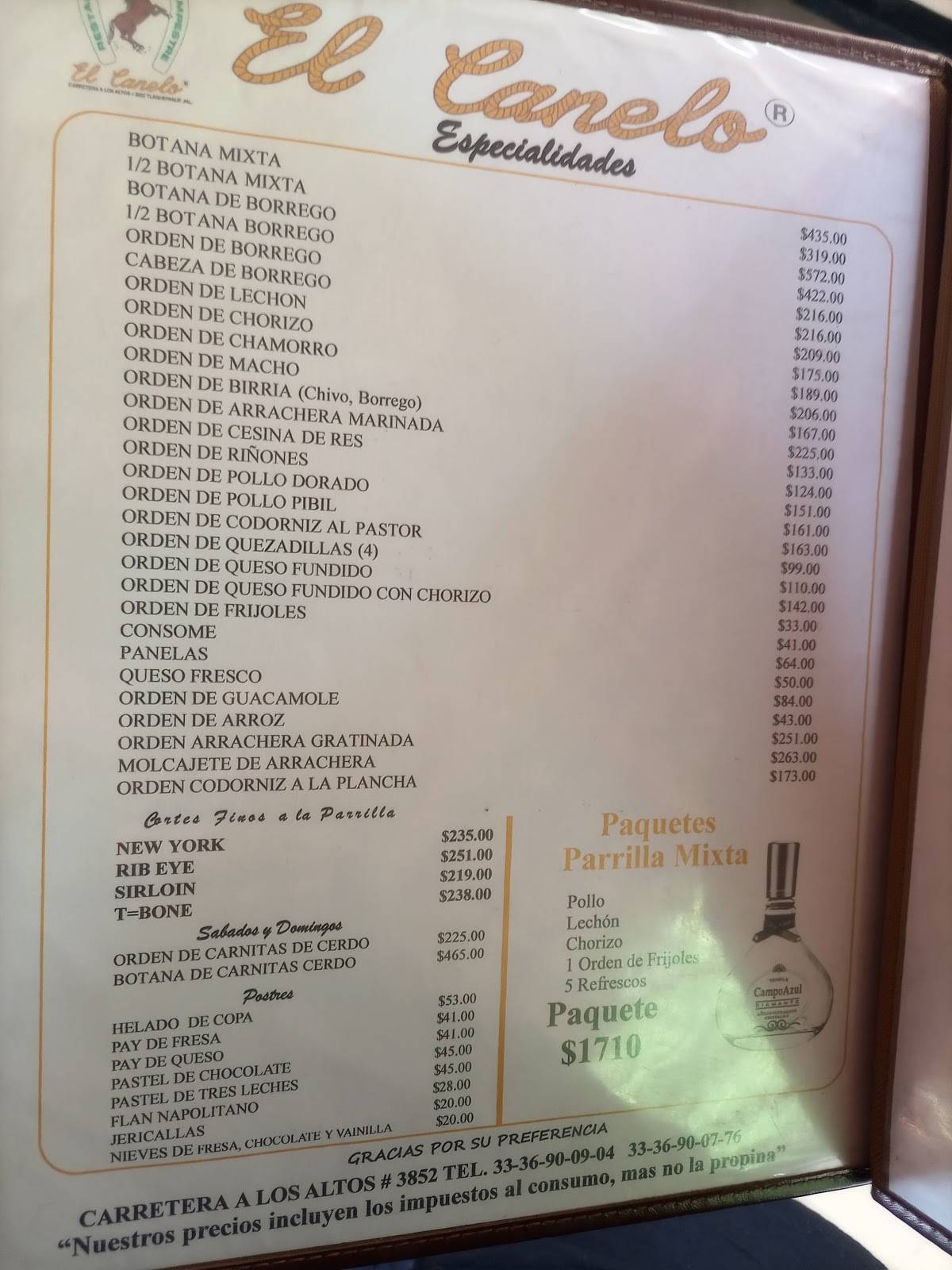 Carta del restaurante El Canelo, San Pedro Tlaquepaque, Carr. libre ...