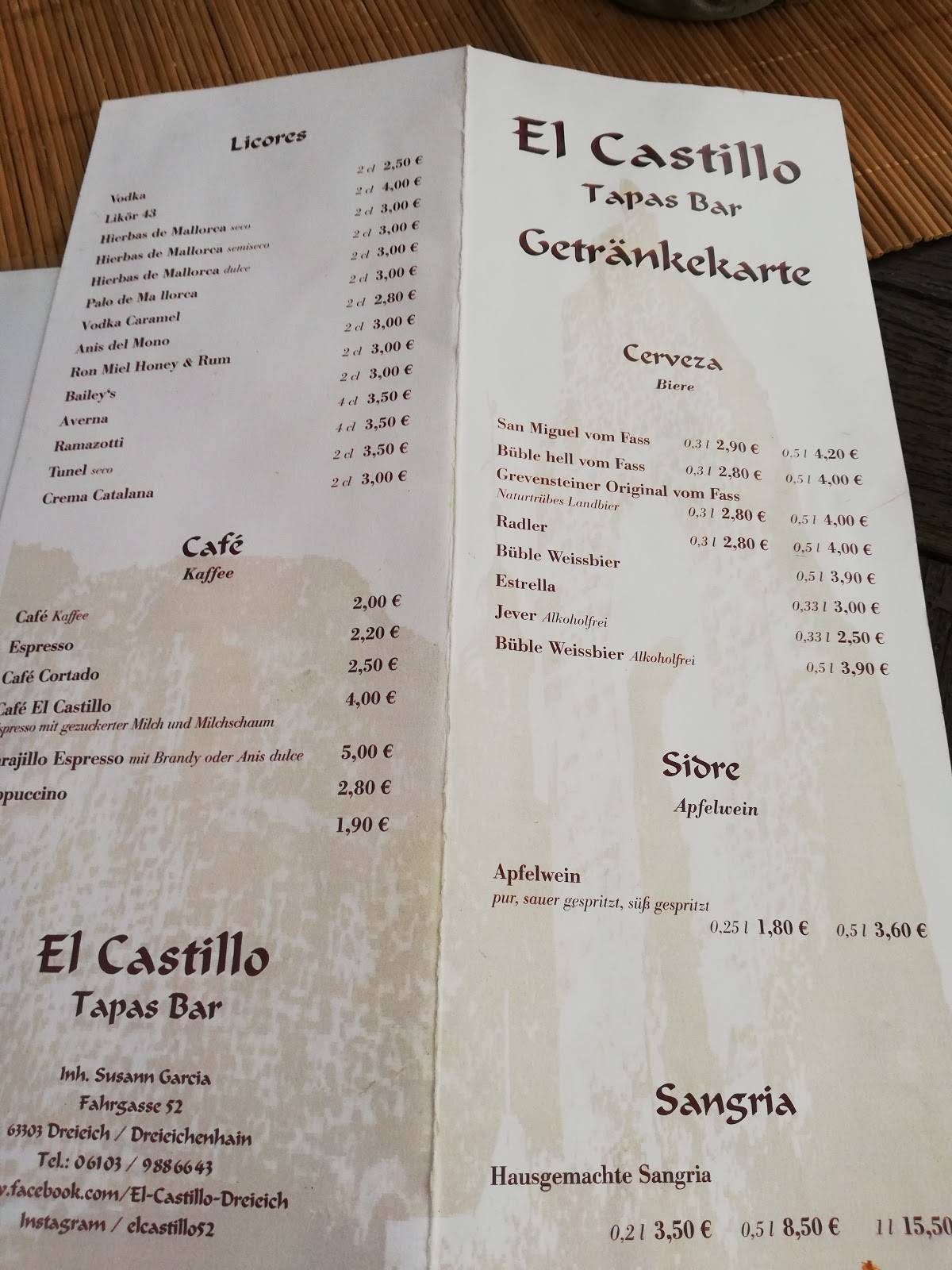 Speisekarte von El Castillo pub & Bar, Dreieich