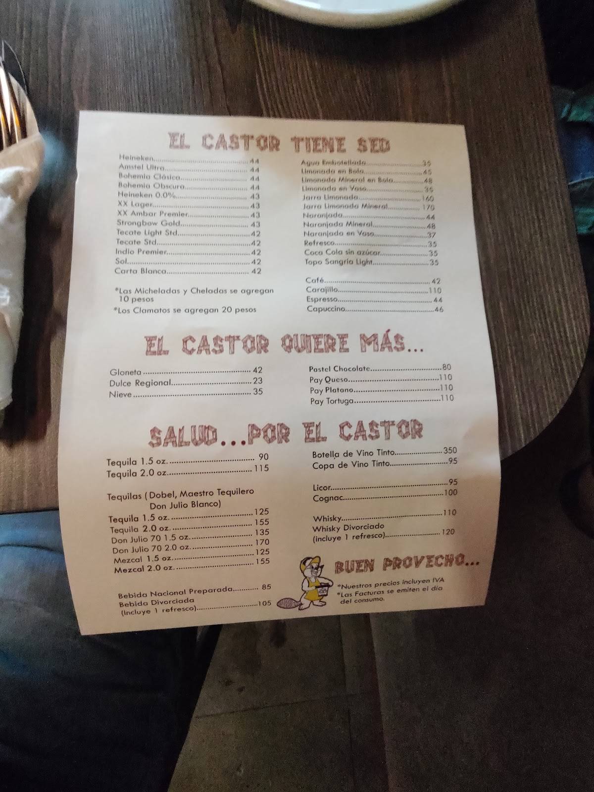 Carta del restaurante El Castor, Monterrey, Blvd. Rogelio Cantú Gomez #1000