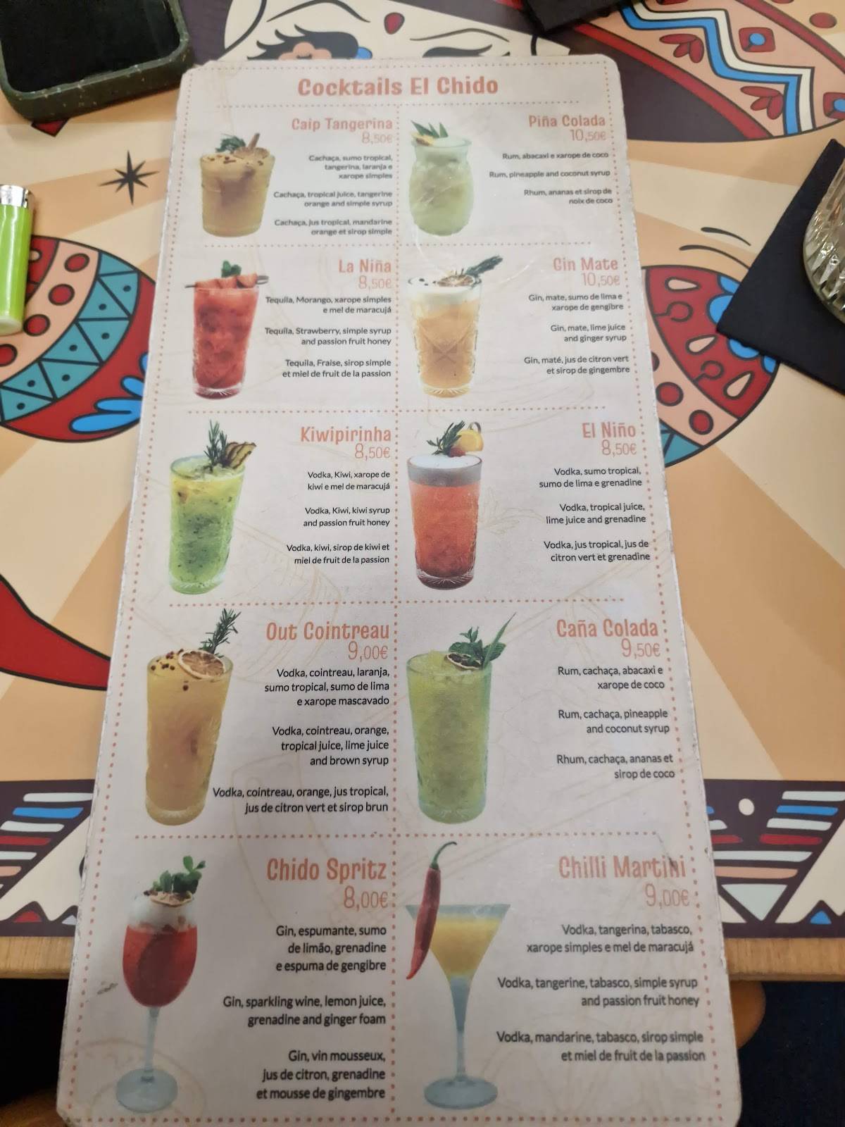 Menu em El Chido restaurante, Lisboa