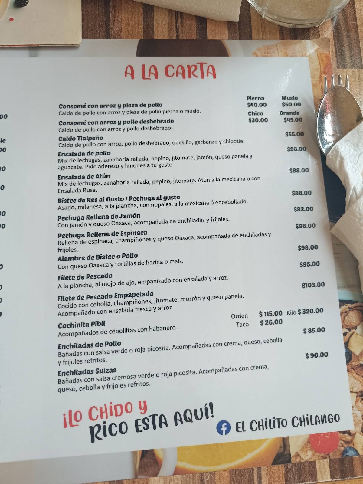 Carta del restaurante El Chilto Chilango, Ciudad del México
