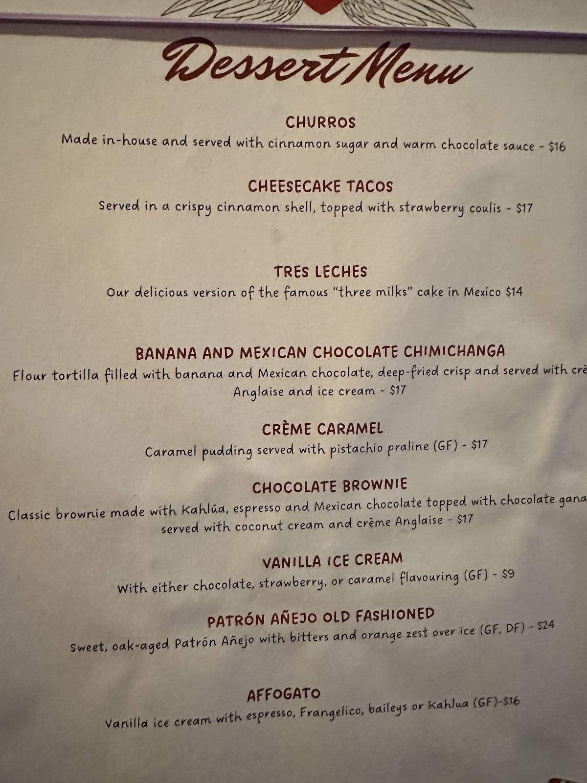 Menu at El Corazon Mexican Restaurant, Kiama