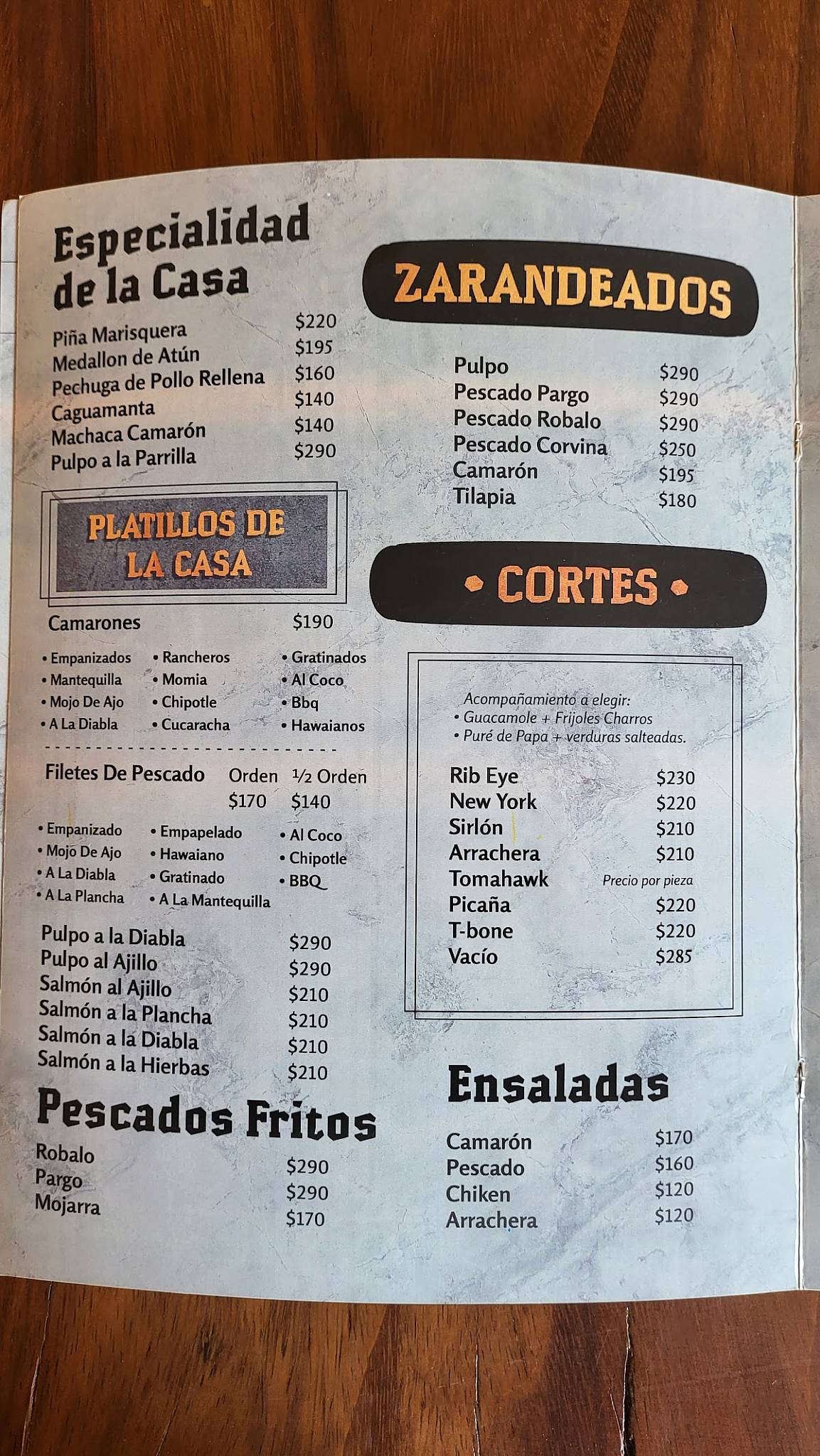 Carta del restaurante El Elefante del piedra, Ameca