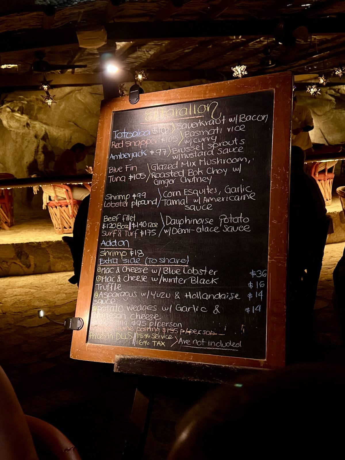 Menu at El Farallon restaurant, Cabo San Lucas, Cam. del Mar 1