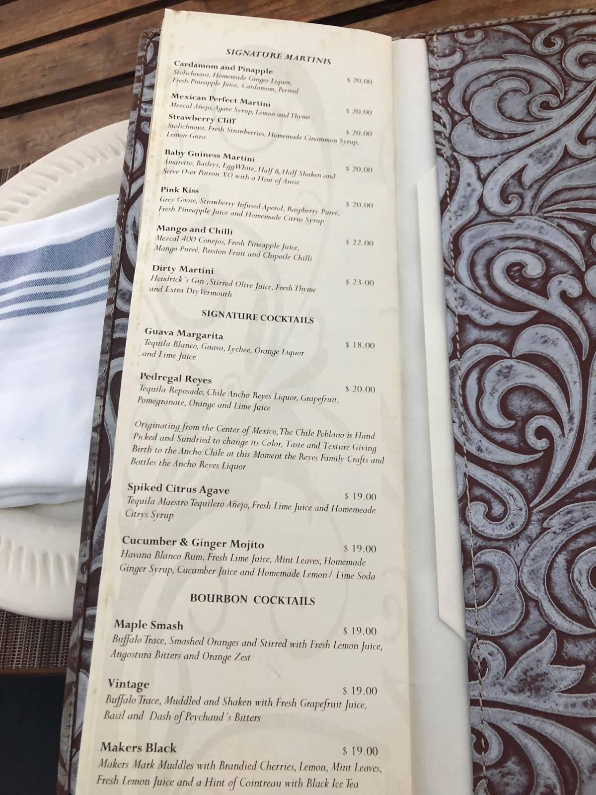 Menu at El Farallon restaurant, Cabo San Lucas, Cam. del Mar 1