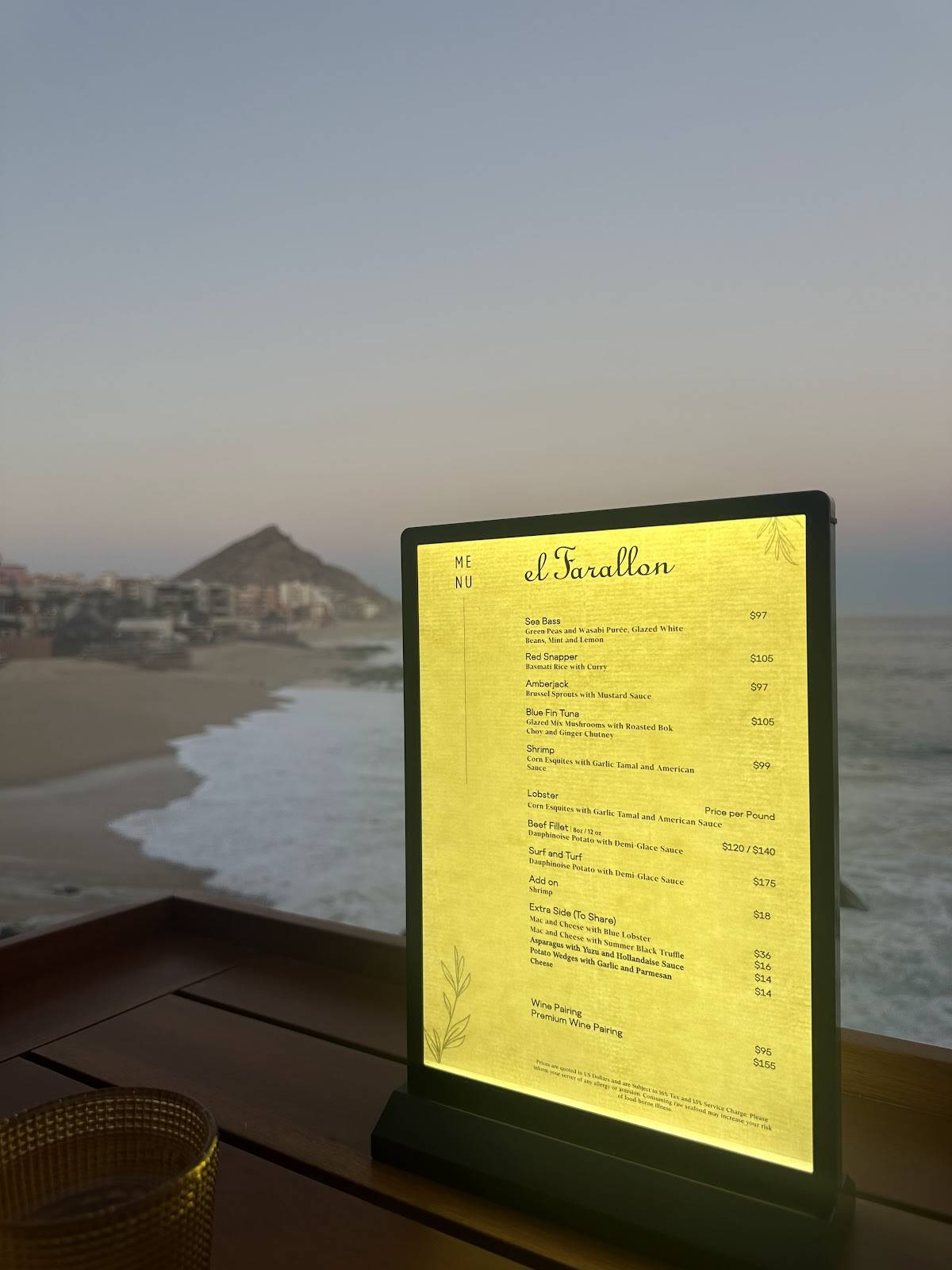 Menu at El Farallon restaurant, Cabo San Lucas, Cam. del Mar 1