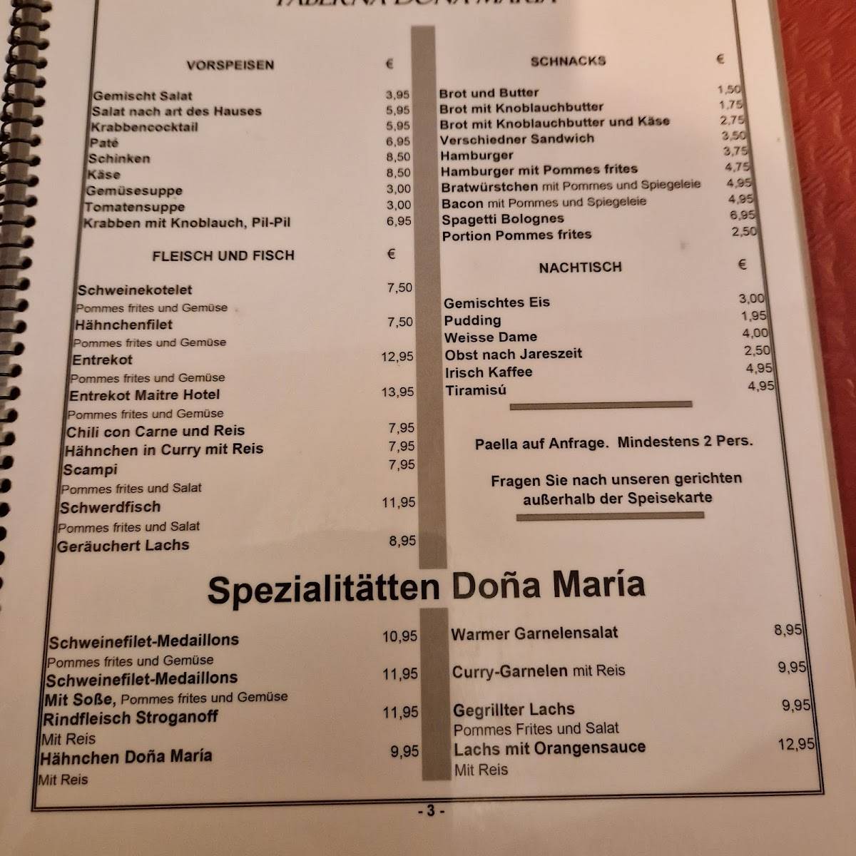 Menu at Restaurant Doña María, Las Lagunas de Mijas