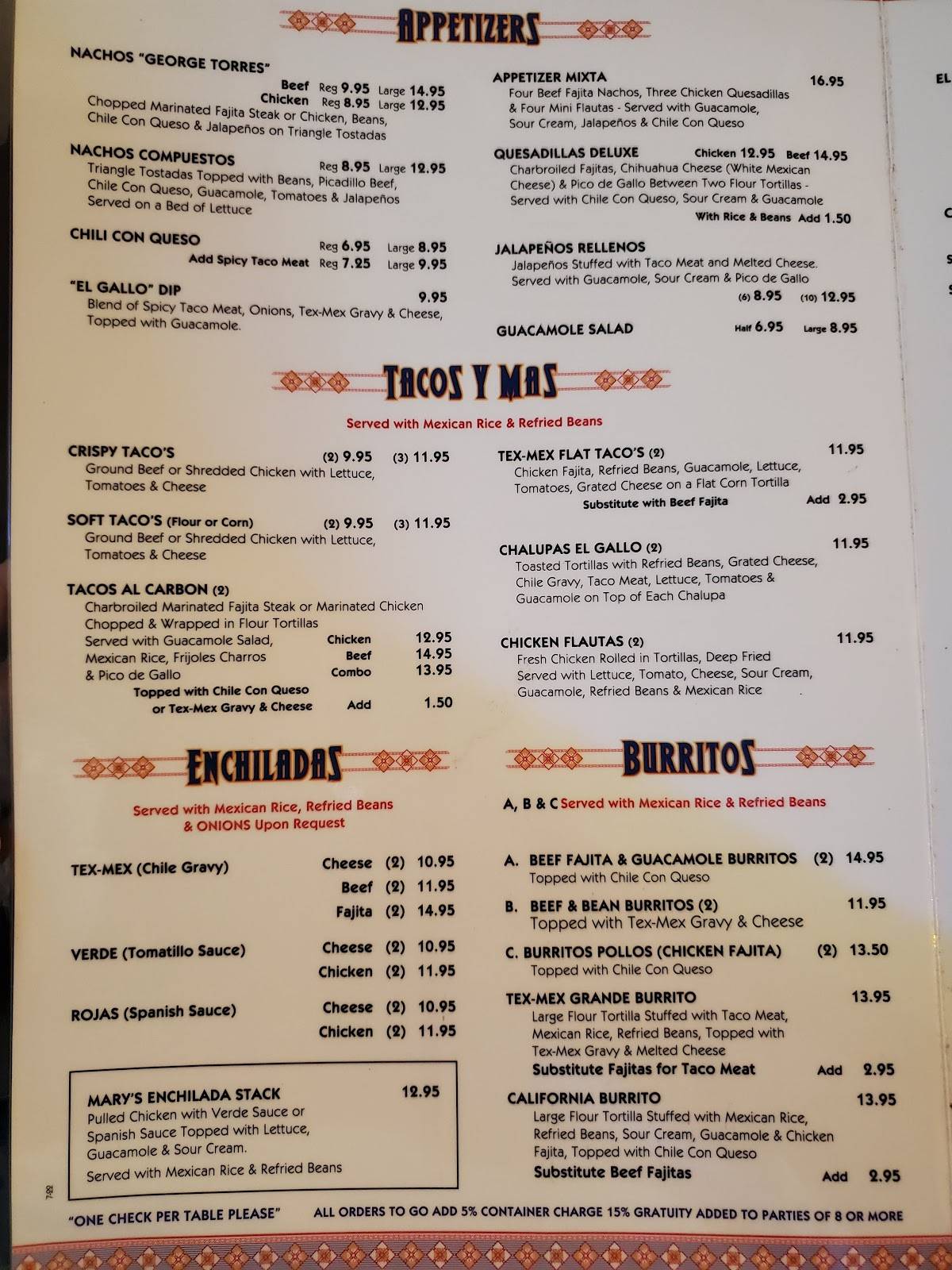Menu at El Gallo restaurant, Houston, Gessner Rd