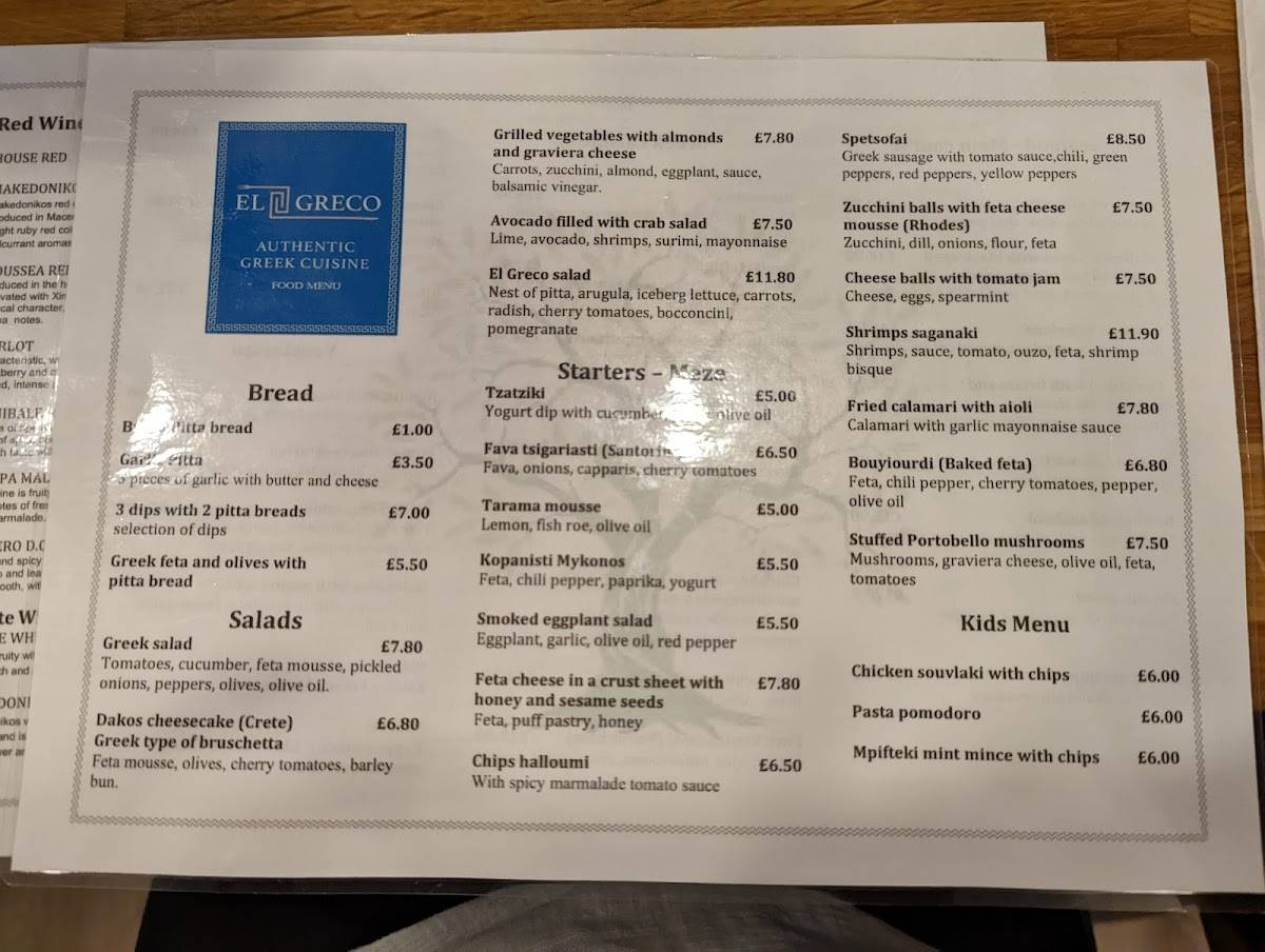 Carta del restaurante El Greco, Portsmouth