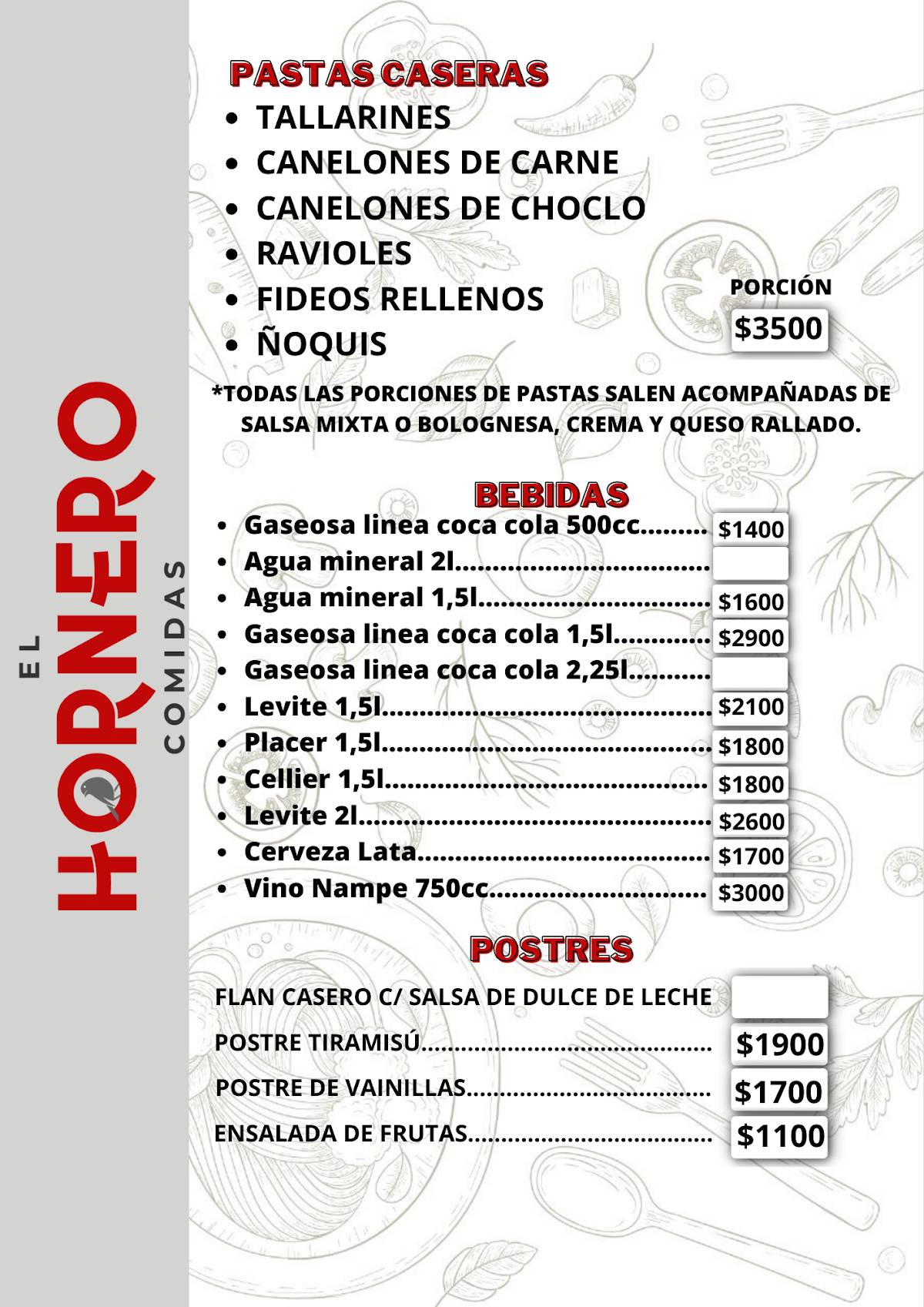 Carta del restaurante El Hornero, Bell Ville