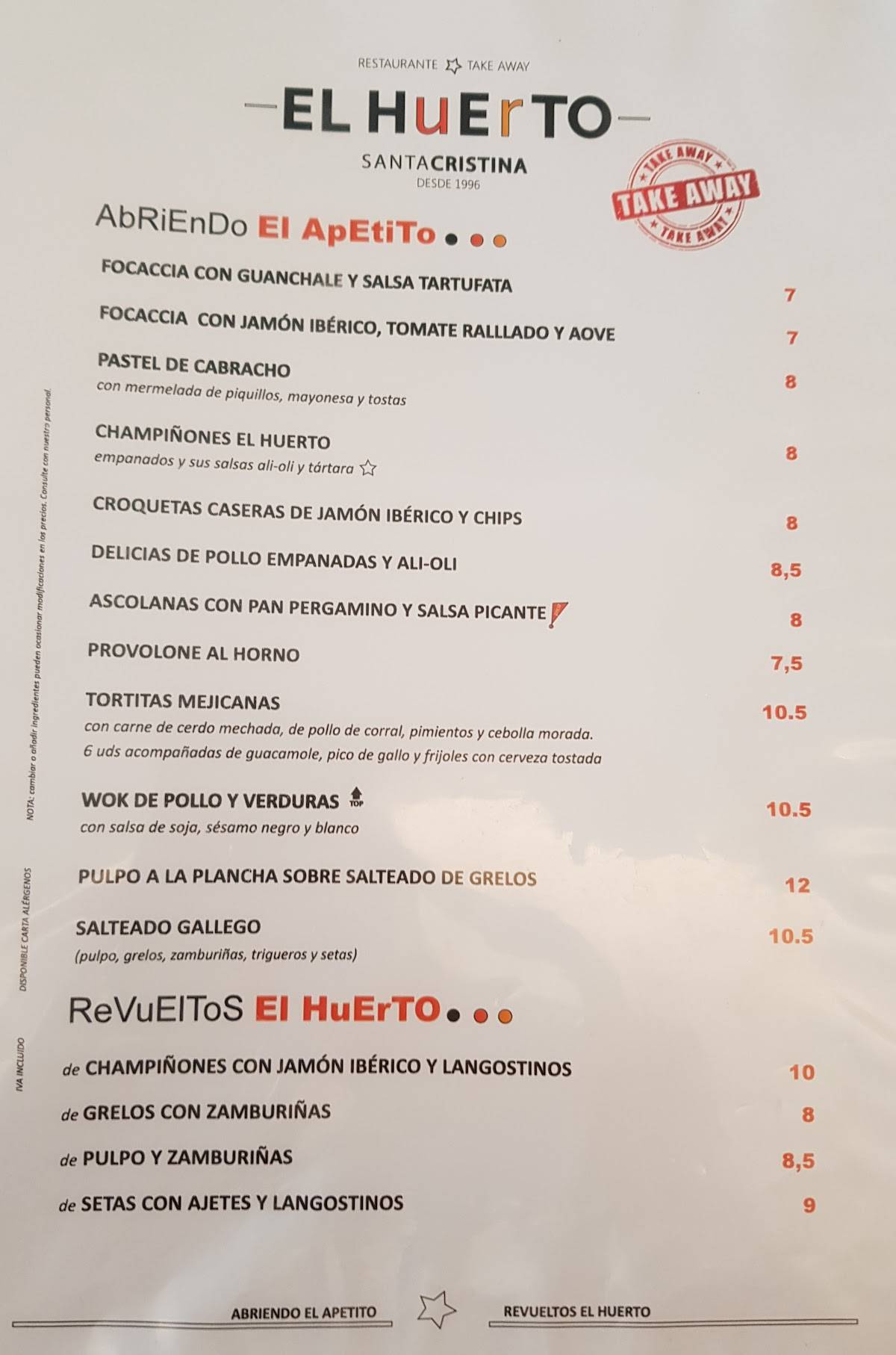 Menu at El Huerto restaurant, Perillo, BAJO;INST. RESTAURANTE HUER