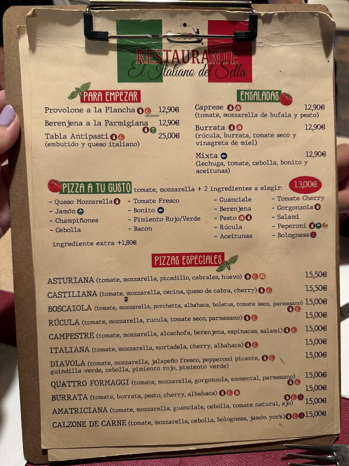 Carta del restaurante El Italiano del Sella, Arriondas
