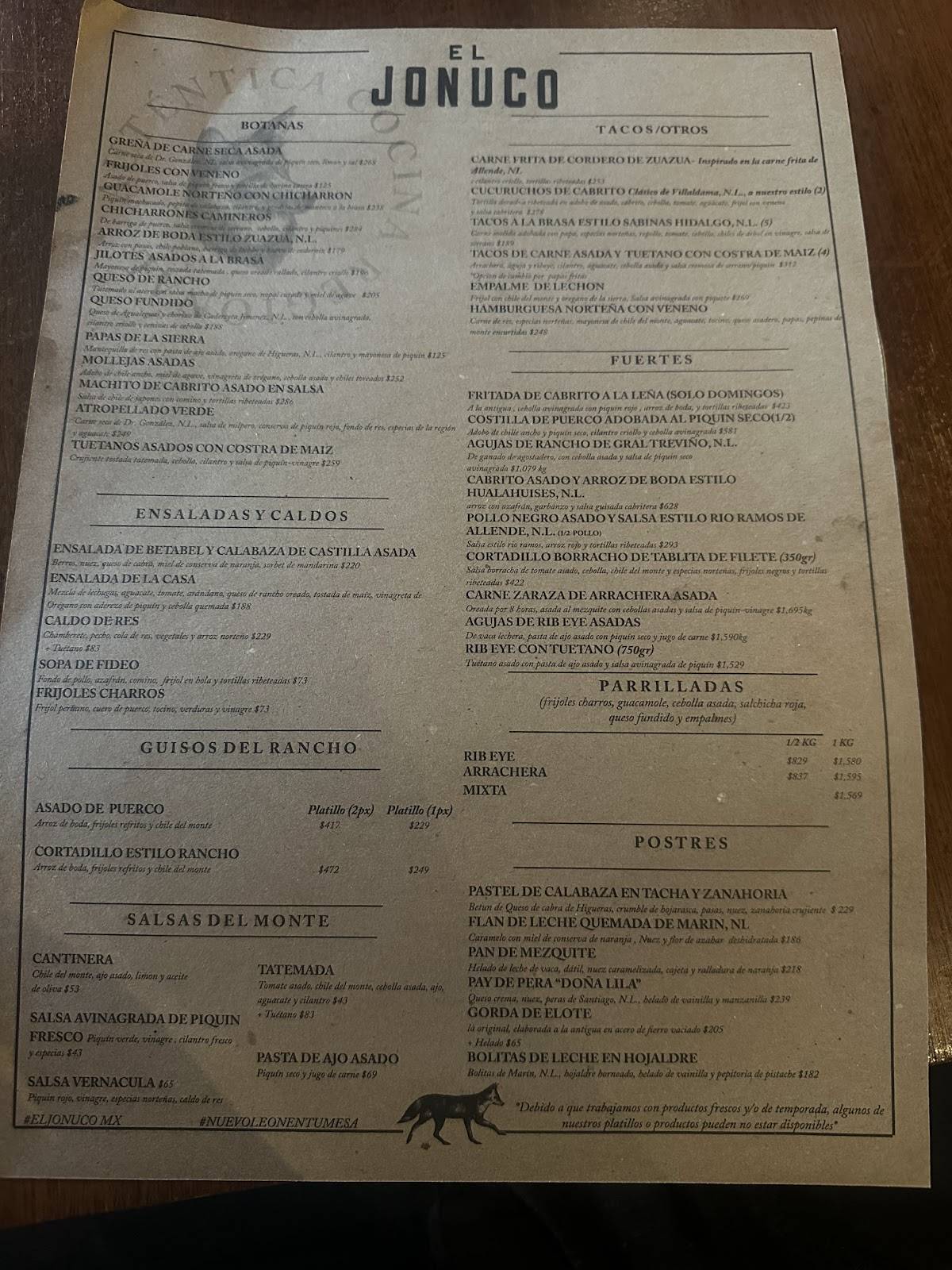 Carta del restaurante El Jonuco, Apodaca