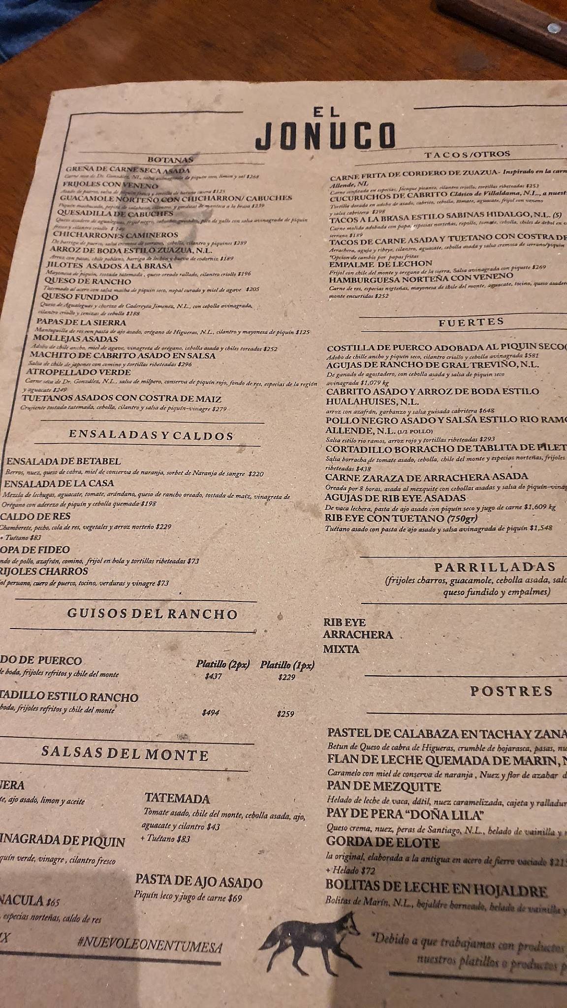 Carta del restaurante El Jonuco, Apodaca