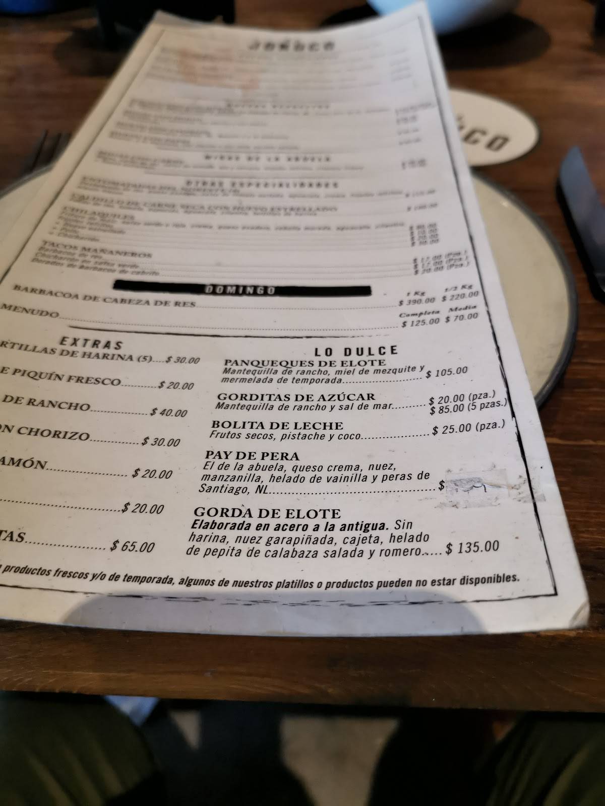 Carta del restaurante El Jonuco, Apodaca