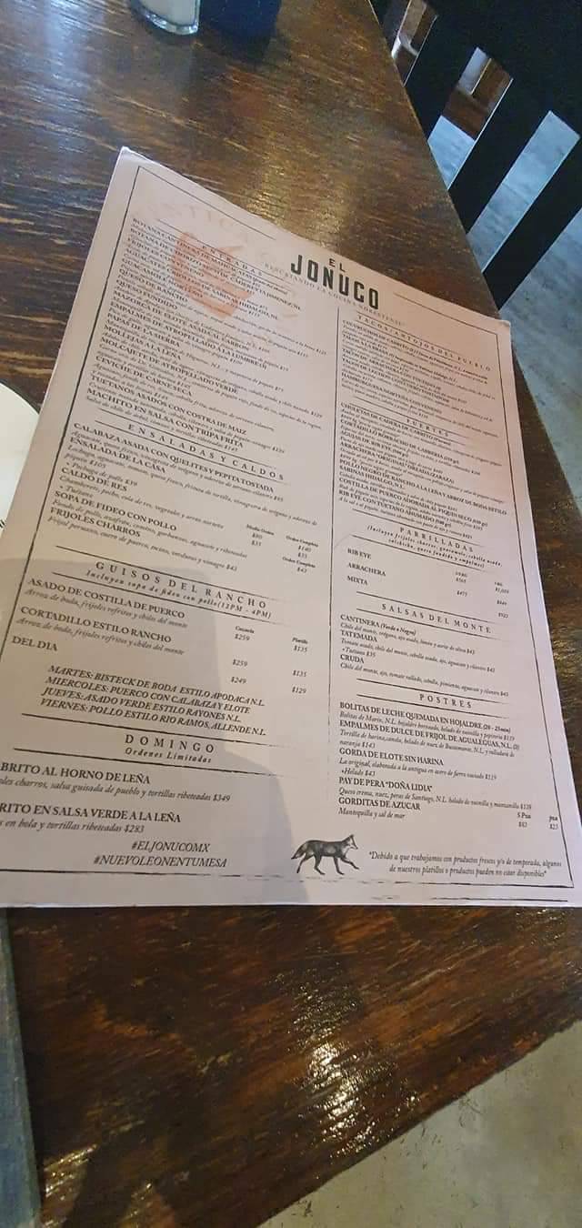 Carta del restaurante El Jonuco, Apodaca