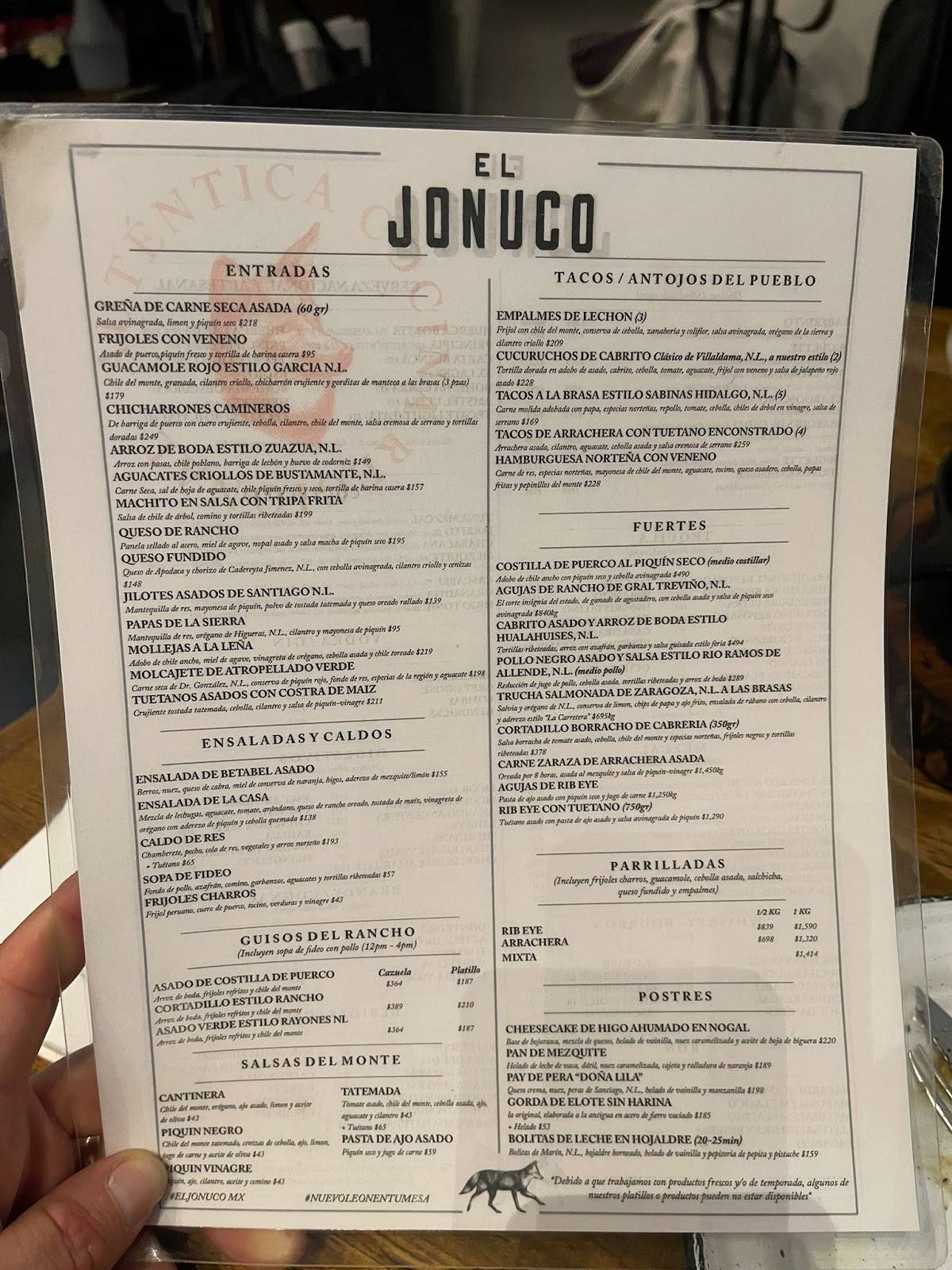 Carta del restaurante El Jonuco, Apodaca