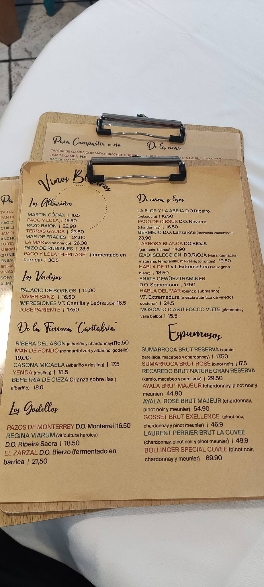 Carta del restaurante El Marinero, Suances