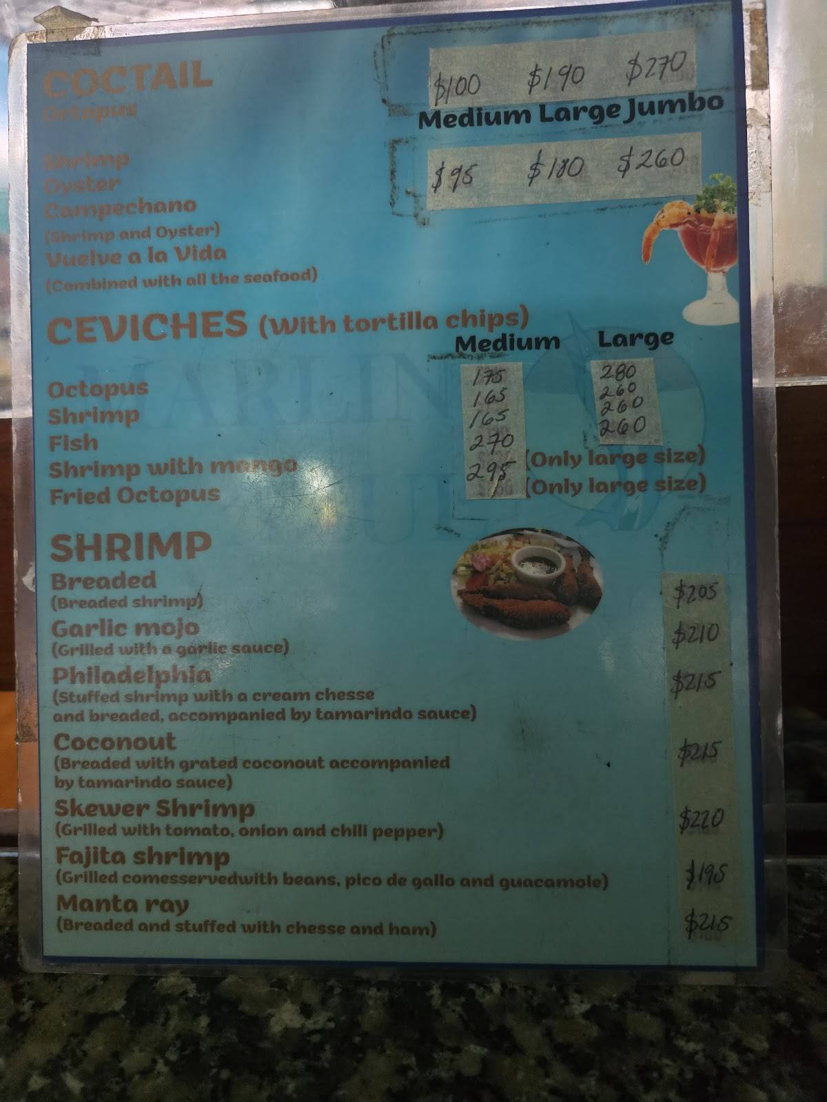 Carta del restaurante El Marlin Azul, Merida